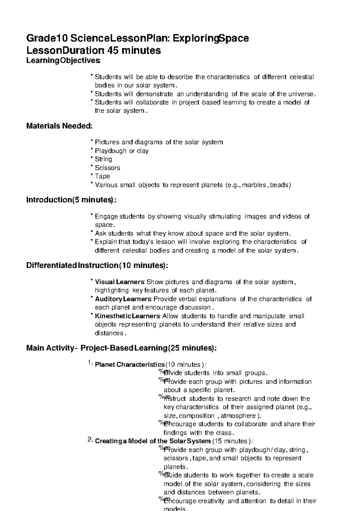 Grade 10 Science Lesson Plan: Exploring Celestial Bodies in Space - Studocu
