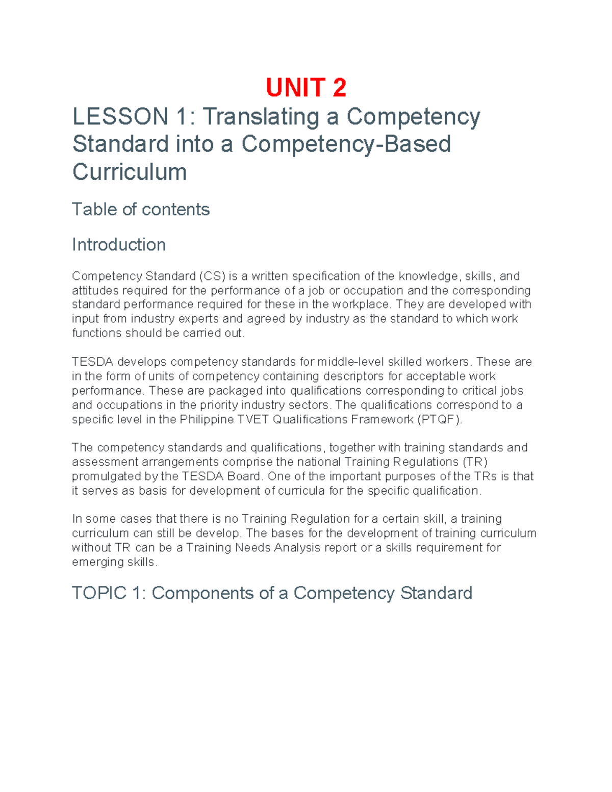 UNIT 2 - Translating Competency Standards into Curriculum - Studocu