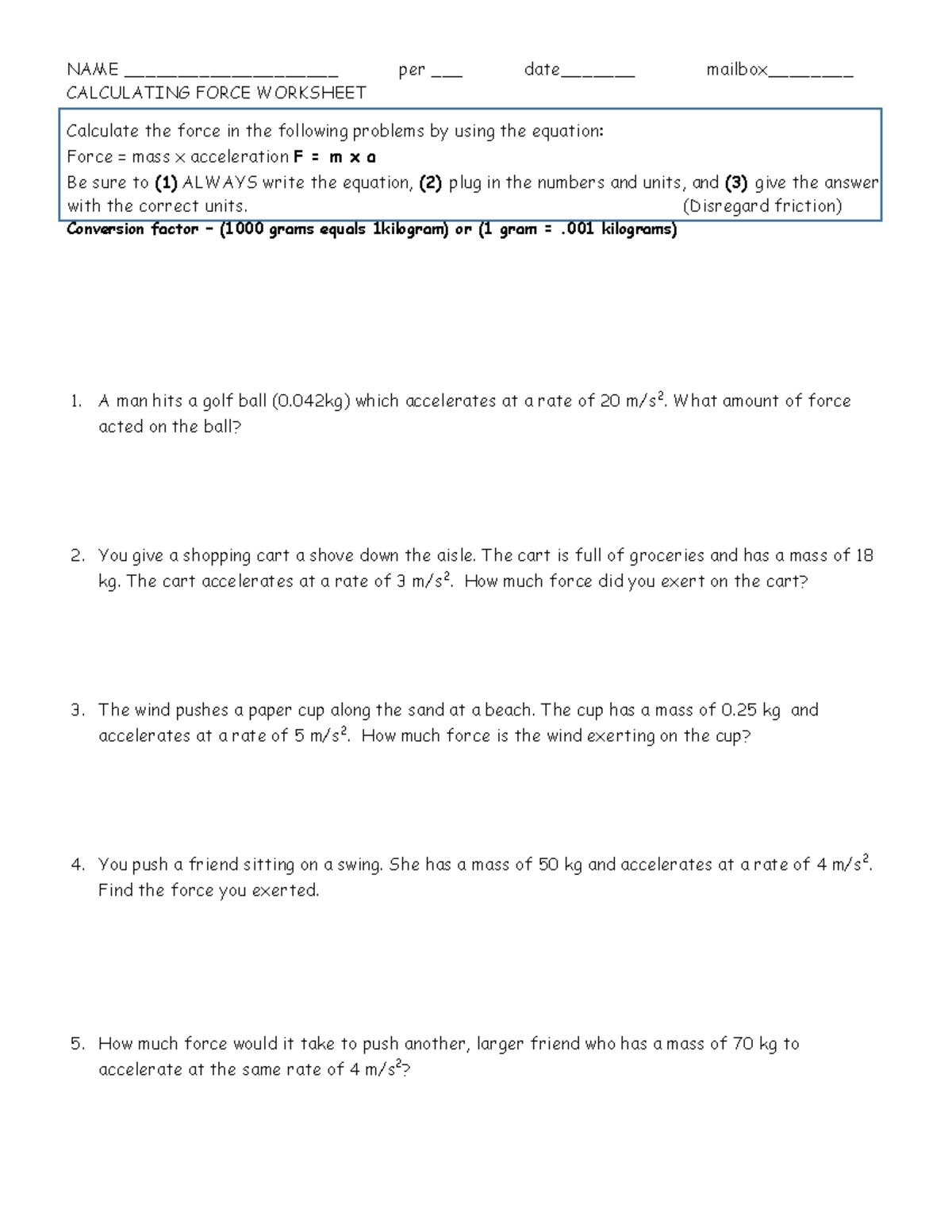 Force Calculation Worksheet: Practice Problems and Solutions - Studocu