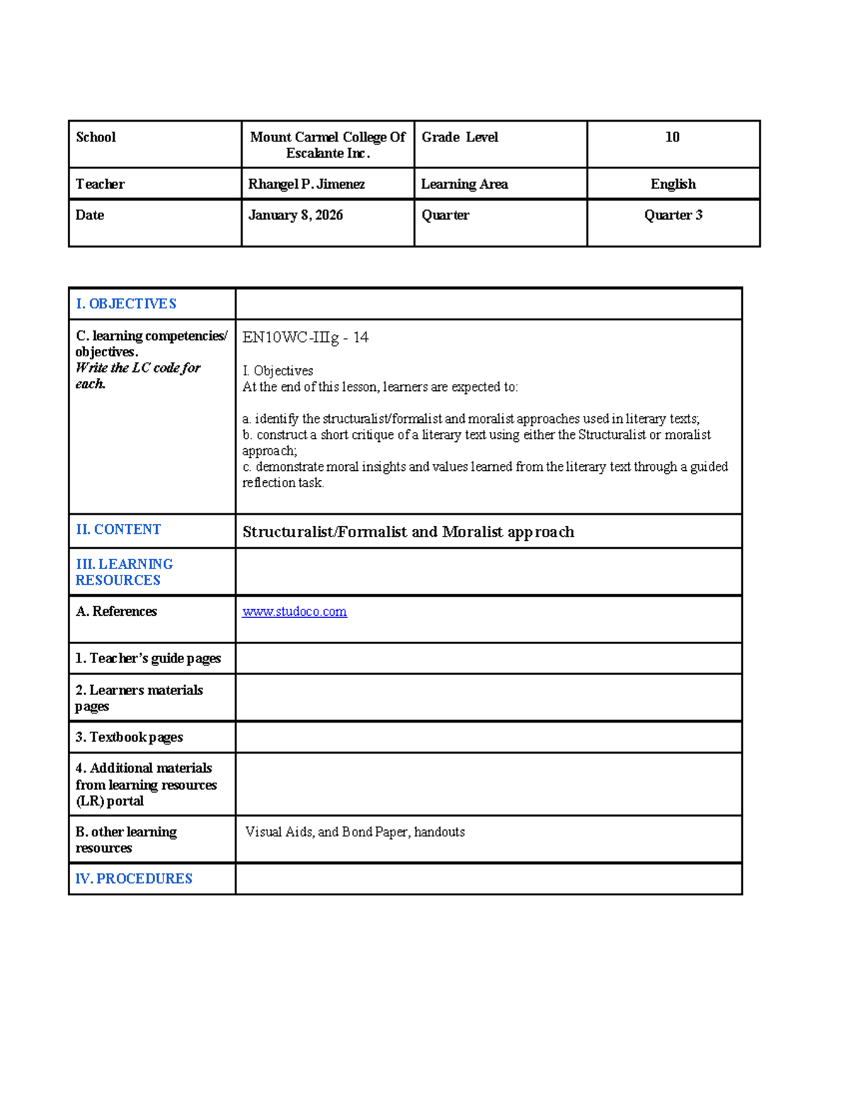 Grade 10 English Lesson: Structuralist & Moralist Approaches - Studocu