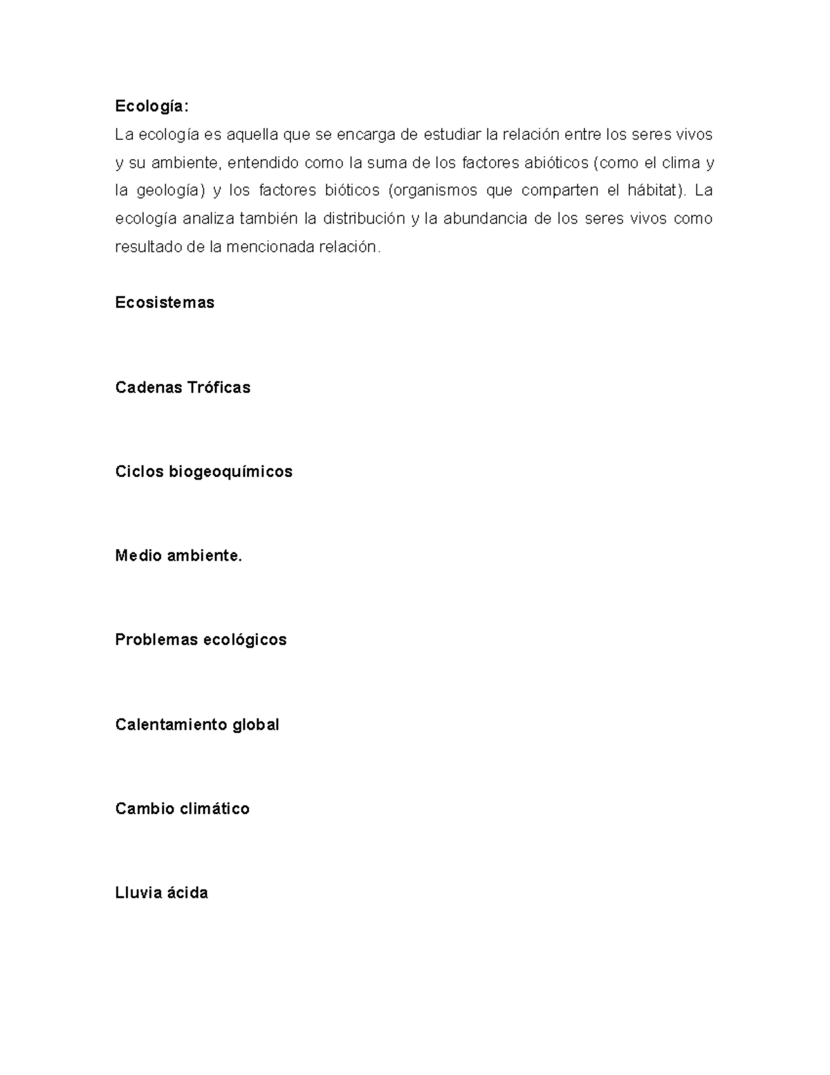 Vocabulario resuelto - Ecología: La ecología es aquella que se encarga ...