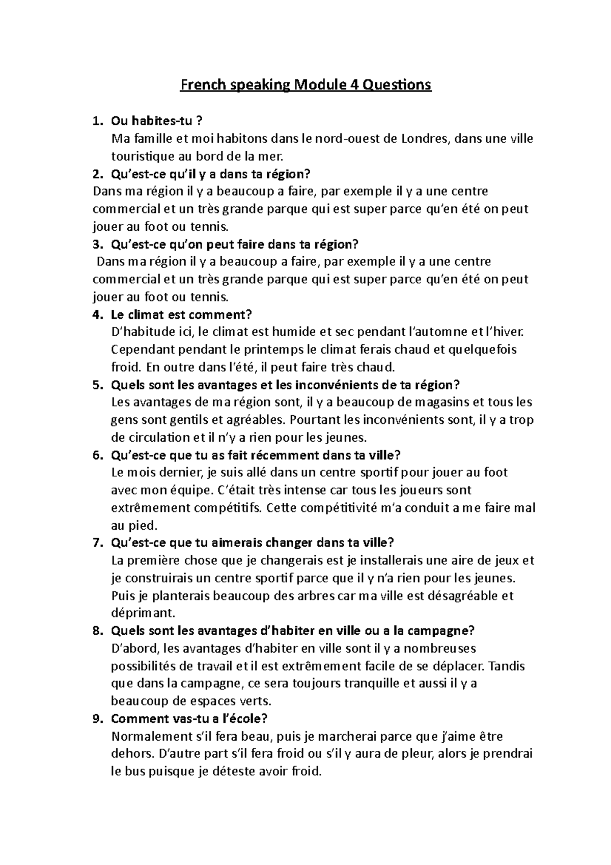French speaking Module 4 Questions - French speaking Module 4 Questions ...