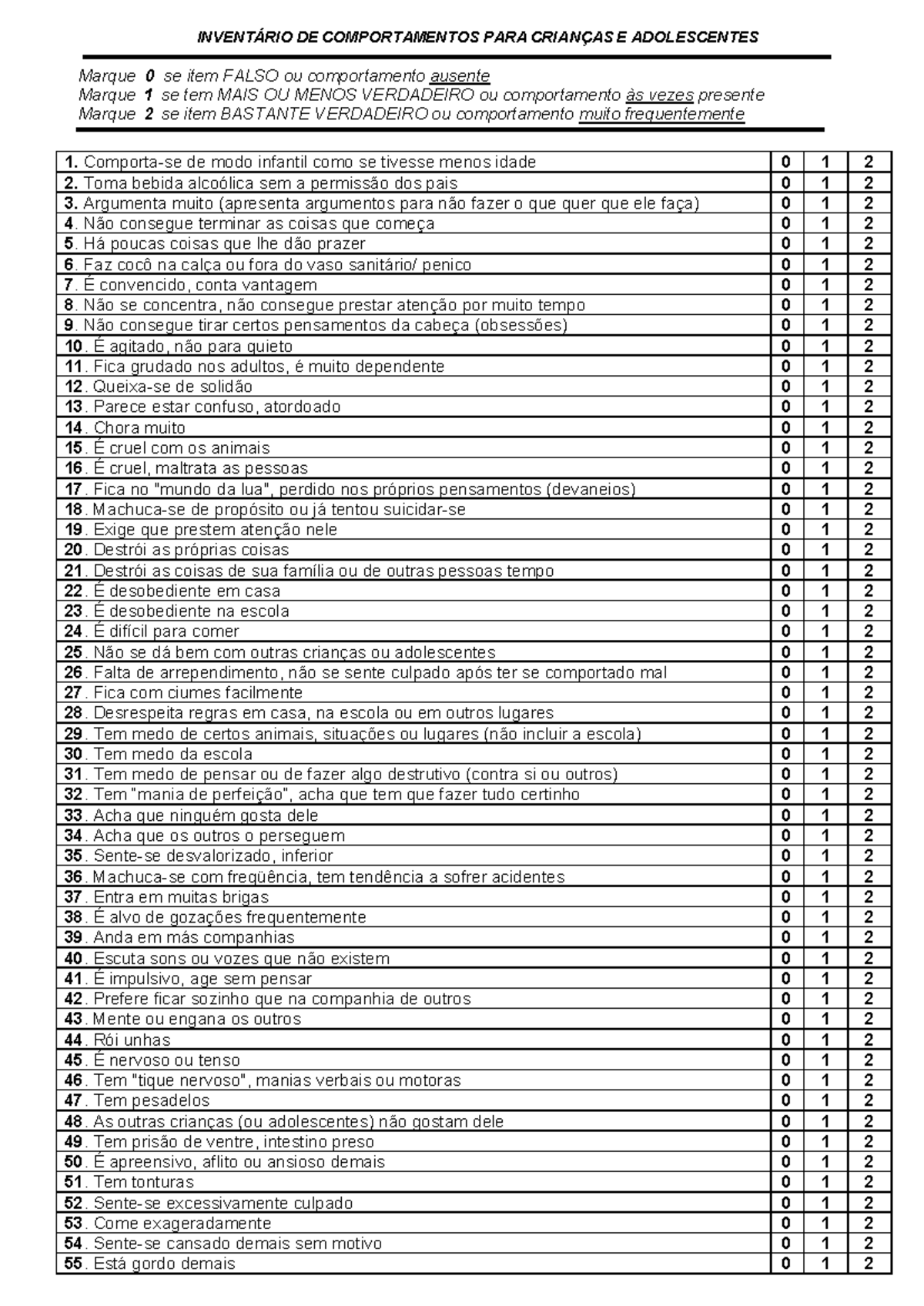 Questionário CBCL para Avaliação de Comportamentos em Crianças e ...
