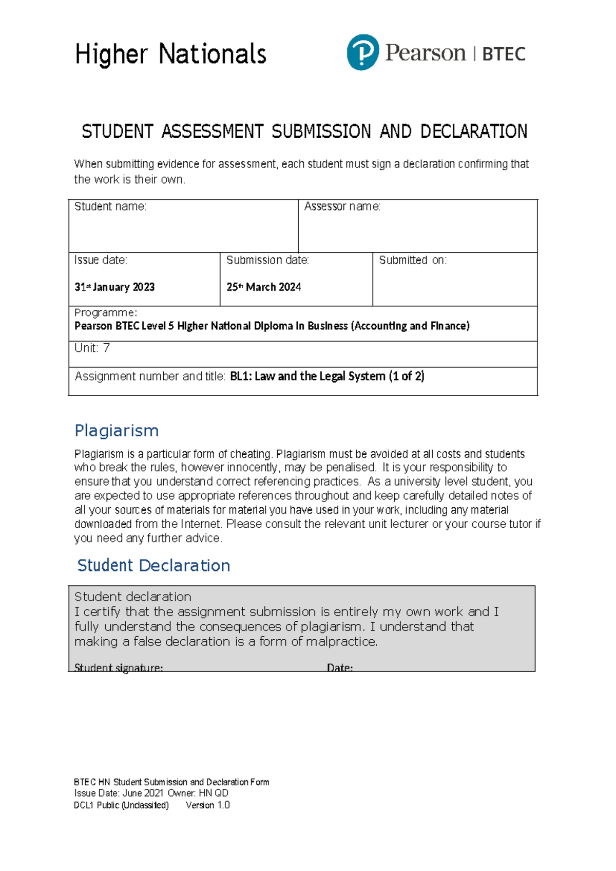 BTEC HND Level 5 Unit 7 Submission & Declaration - Jan 2023 - Studocu