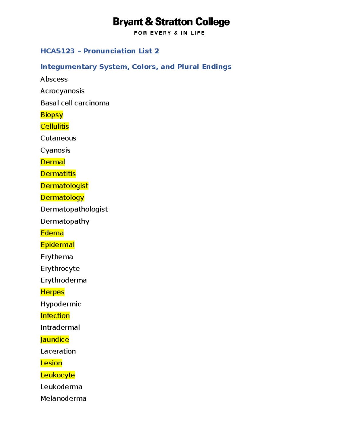 HCAS123 - Pronunciation List for Integumentary & Digestive Systems ...