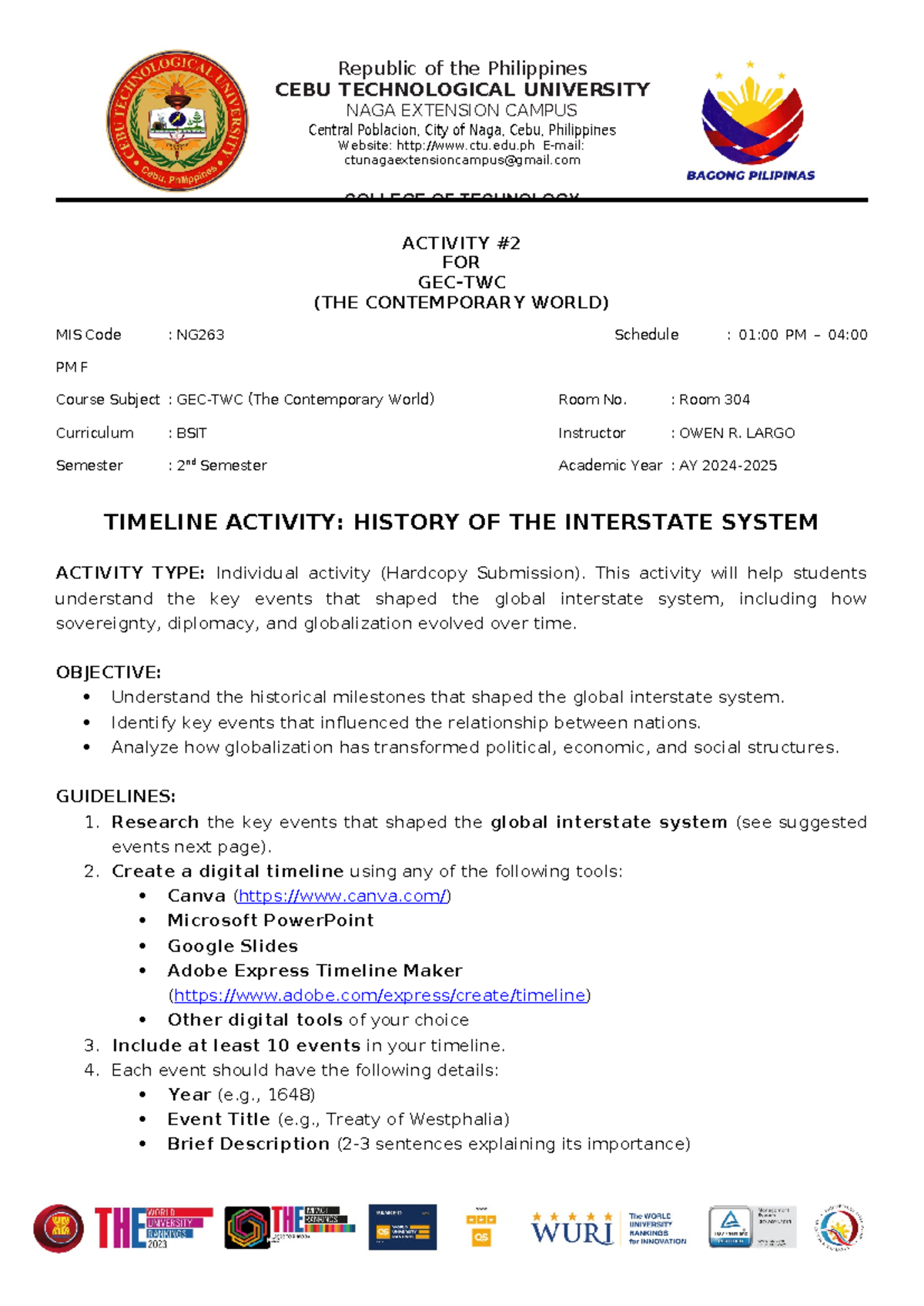 Activity 2: Timeline of the Interstate System - GEC TWC BSIT-2B - Studocu