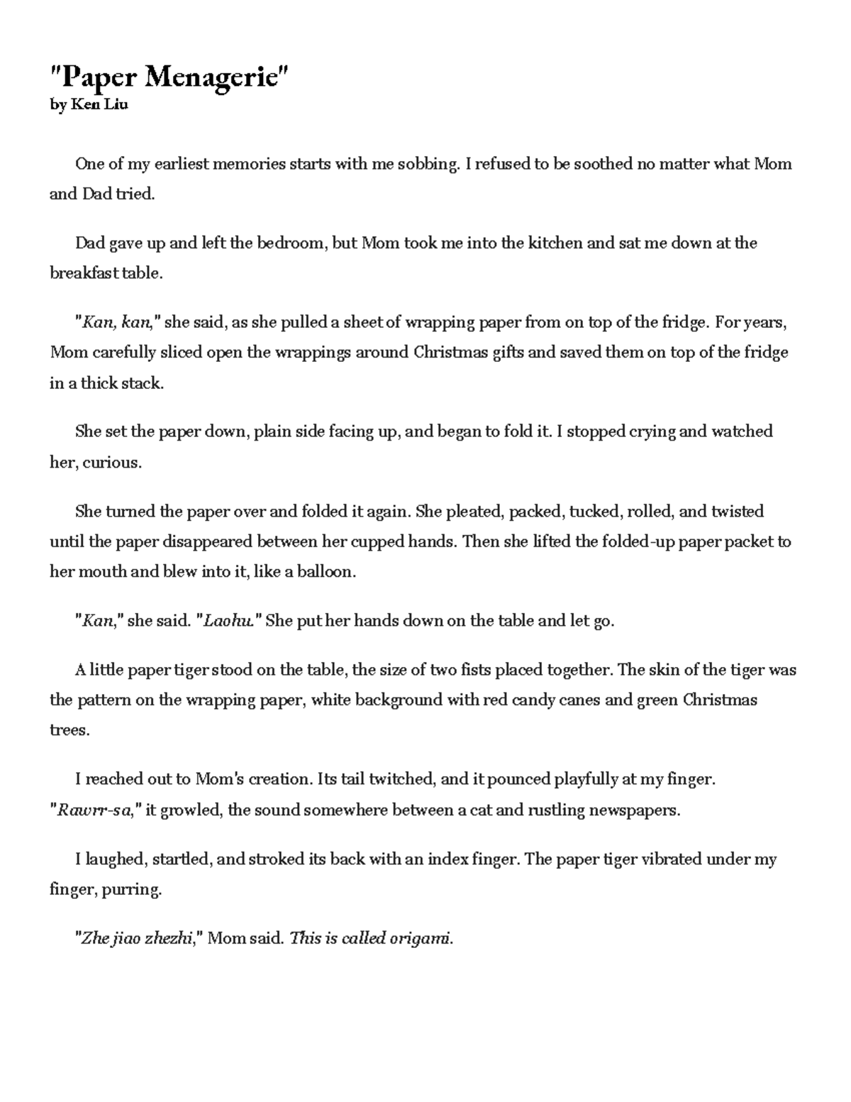 Short Stories & Culture - The Paper Menagerie by Ken Liu - Studocu