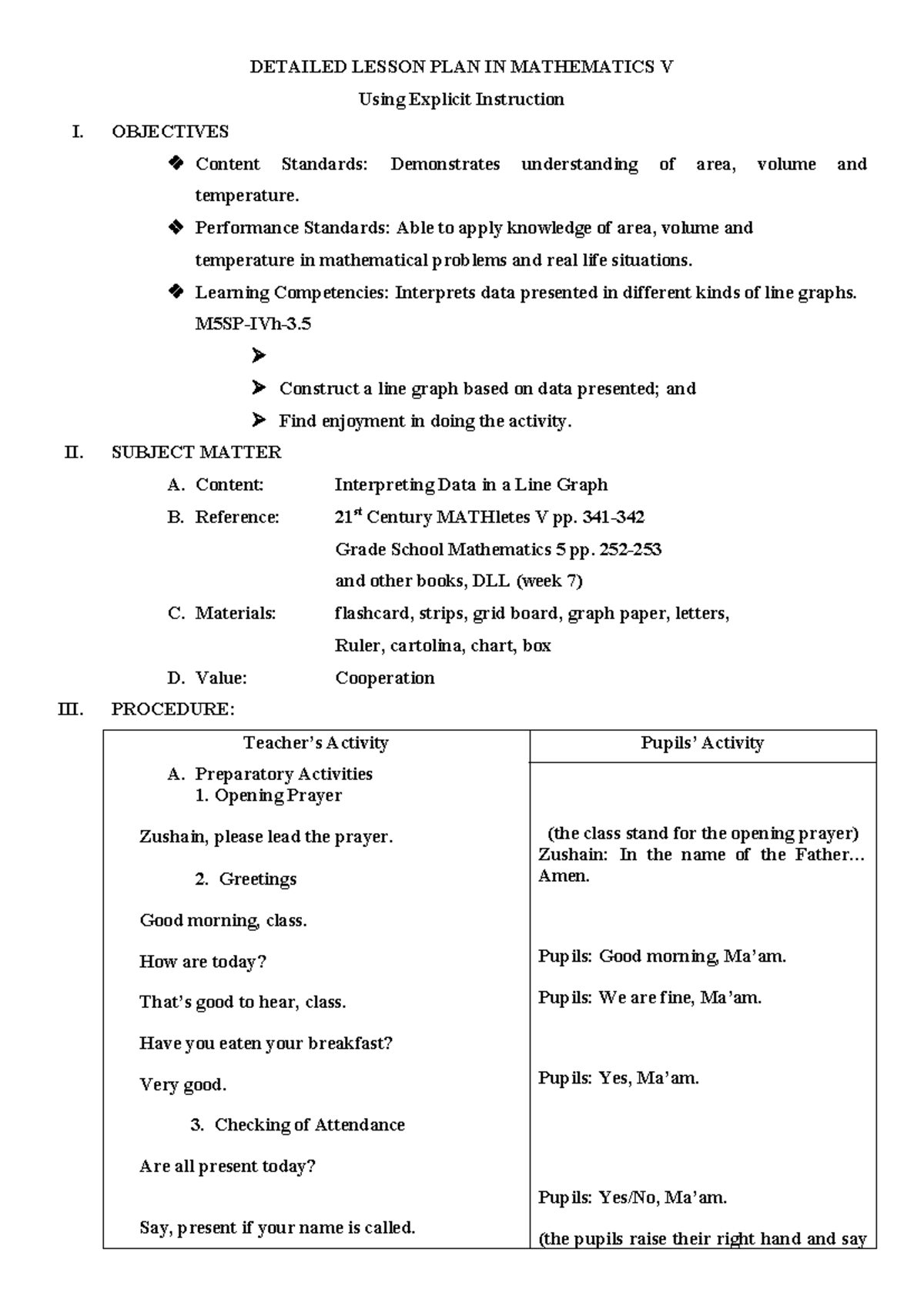 Detailed Lesson Plan: Graphing Concepts in Mathematics V - Studocu