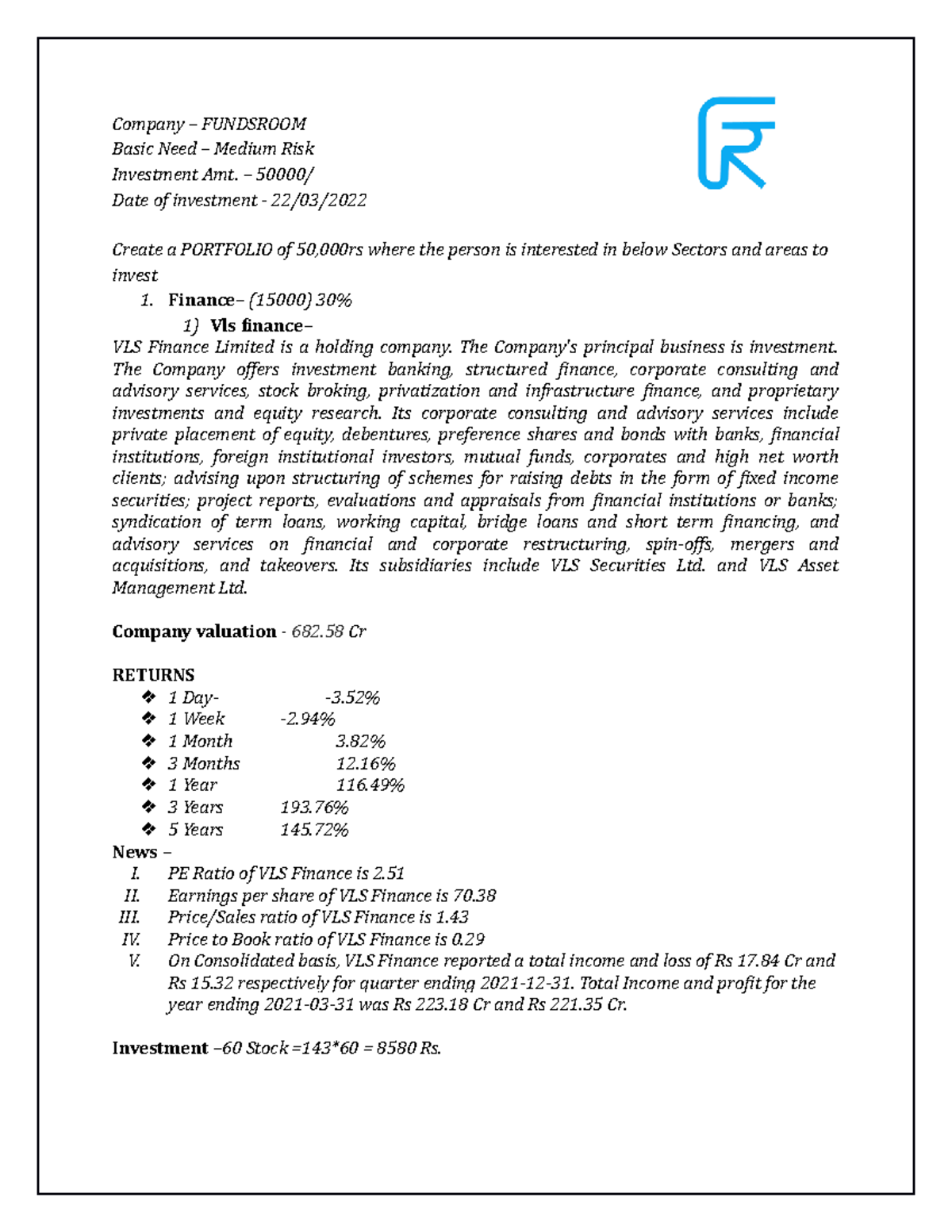 Portfolio Report (M2) - Company – FUNDSROOM Basic Need – Medium Risk ...