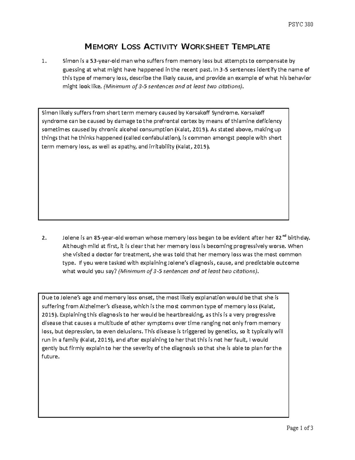 PSYC 380 Memory Loss Activity Worksheet: Understanding Amnesia Types ...