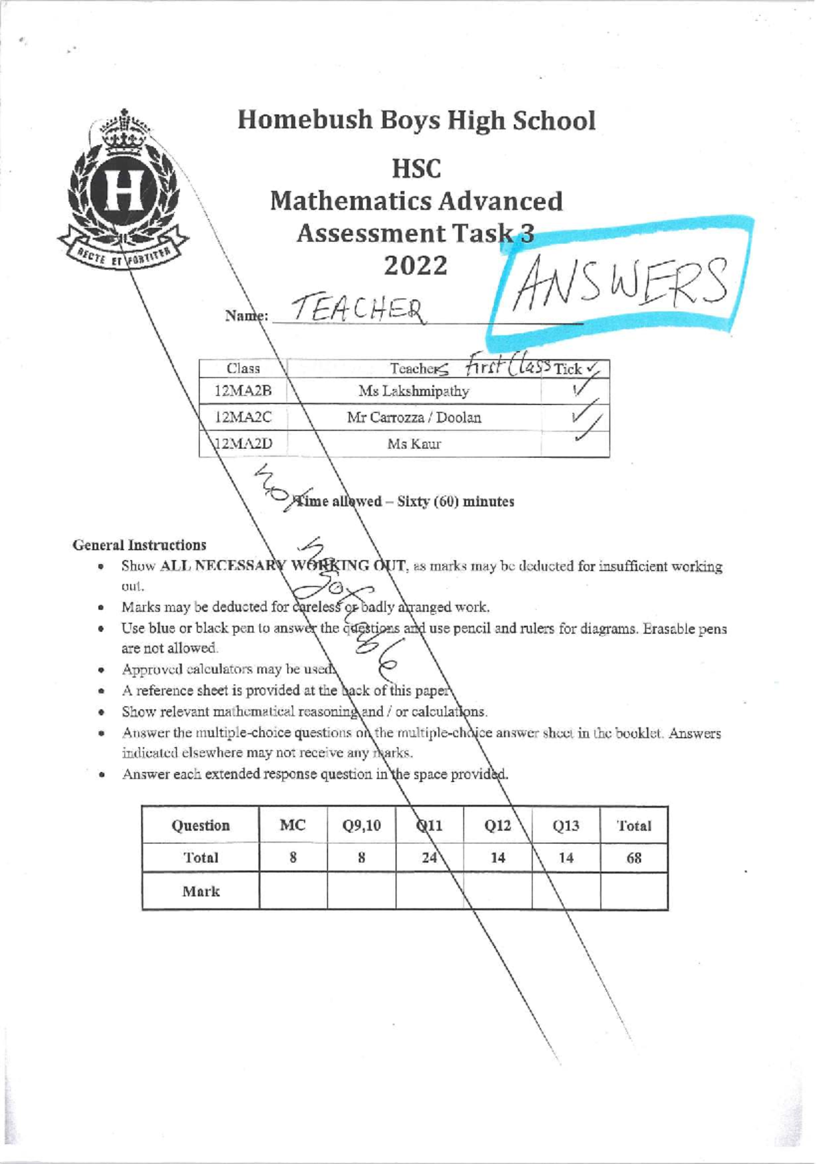 HSC H Mathematics Advanced Assessment Task 3 Solutions 2022 - Studocu