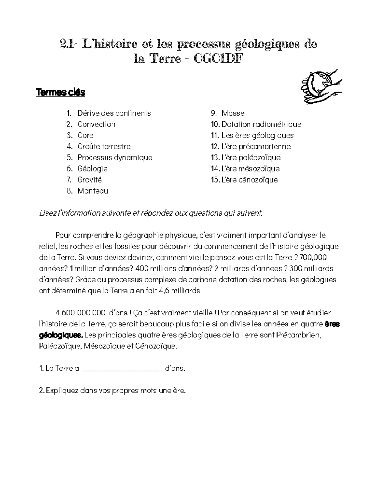 CGC1DF Histoire et Processus Géologiques de la Terre - Studocu