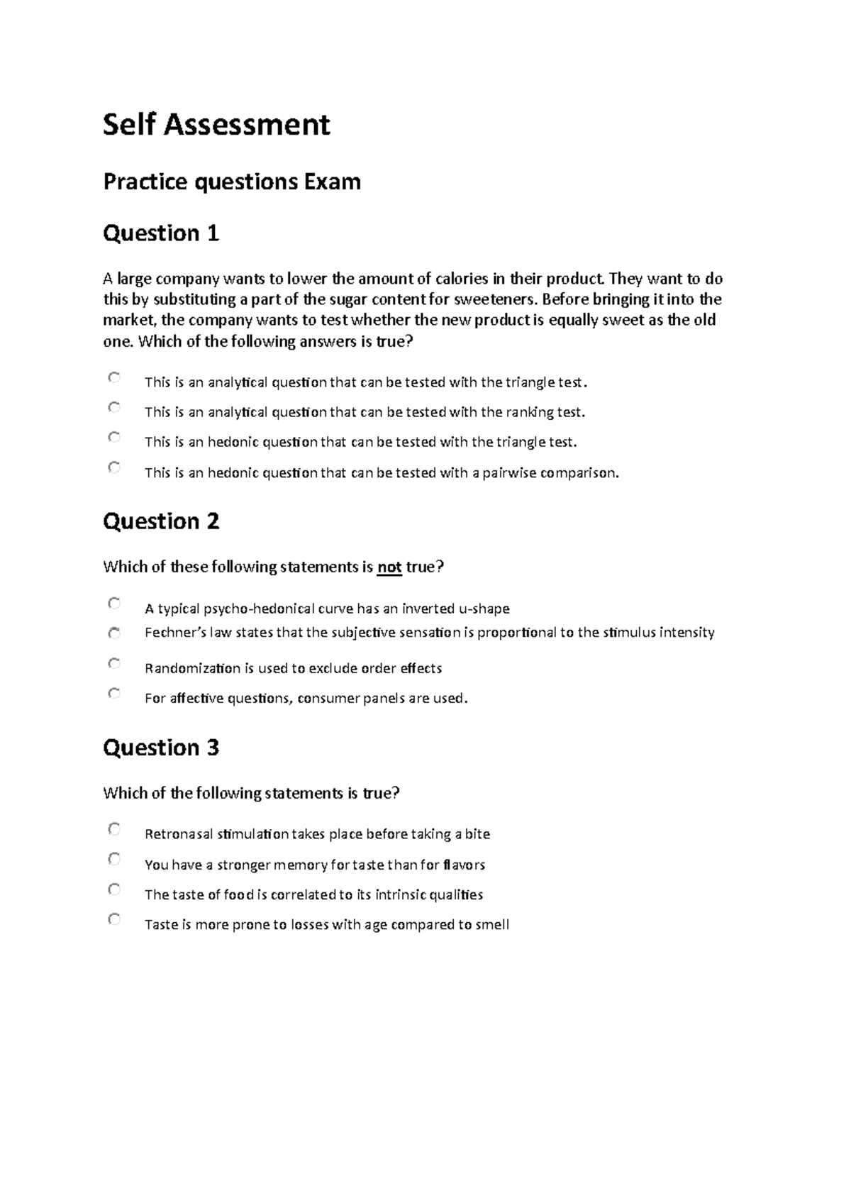 Practice Exam: Basic Sensory Science - Self Assessment Questions ...