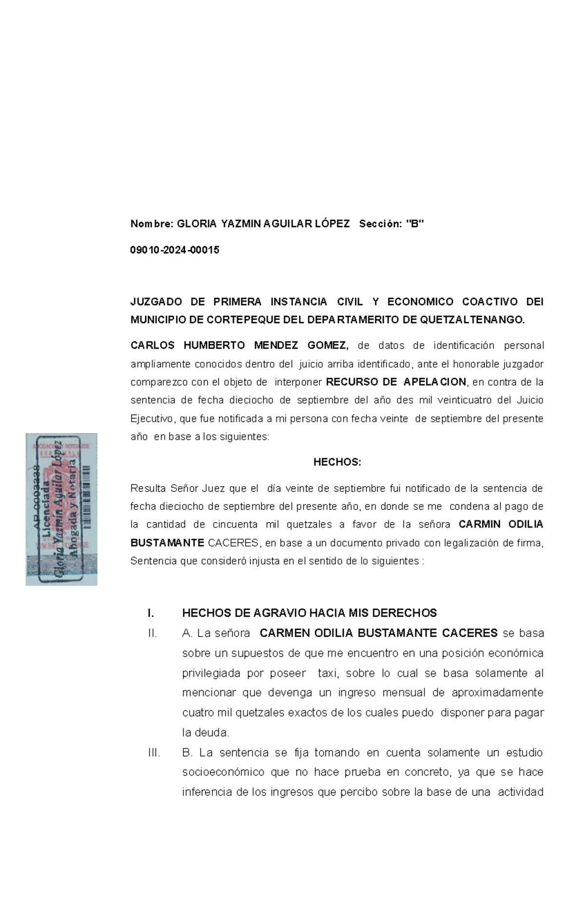 Recurso de Apelación Clínica Civil - Caso Carlos Mendez 09010-2024 ...