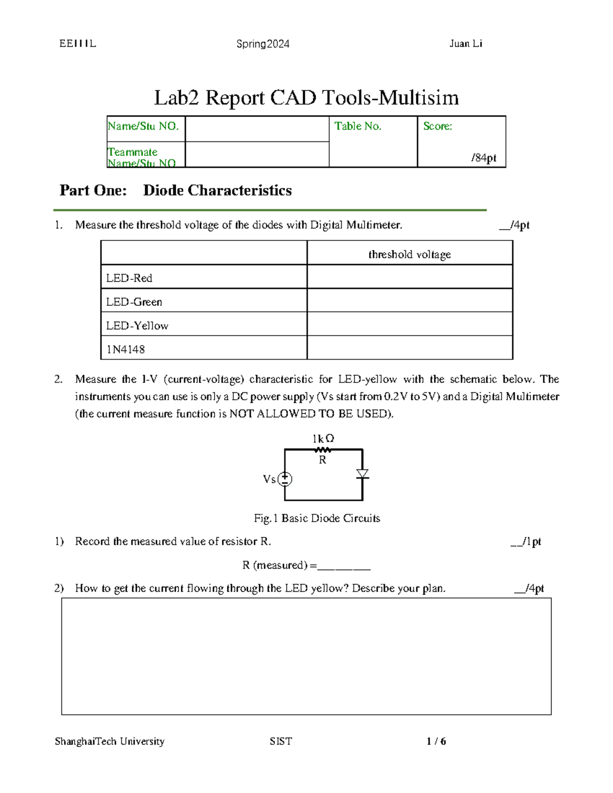 Spring 2024 SIST Lab2 Report: Diode & Waveform Characteristics - Studocu