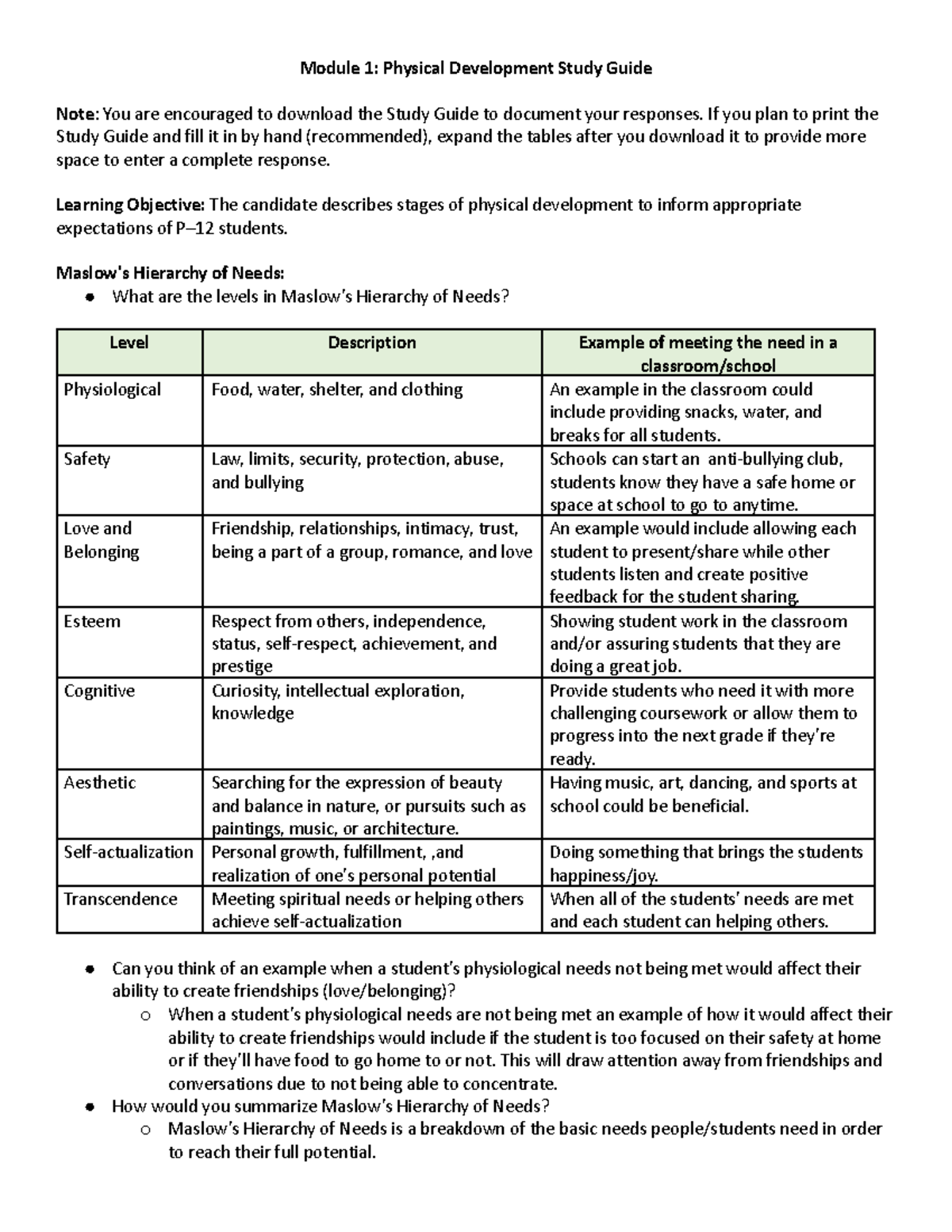 D094 D307 M1 Study Guide 1 - Module 1: Physical Development Study Guide ...