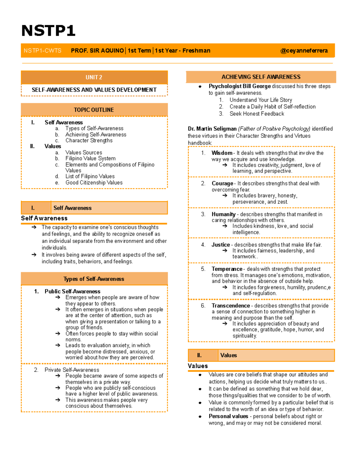 NSTP1 Lesson 2: Achieving Self-Awareness & Values Development - Studocu