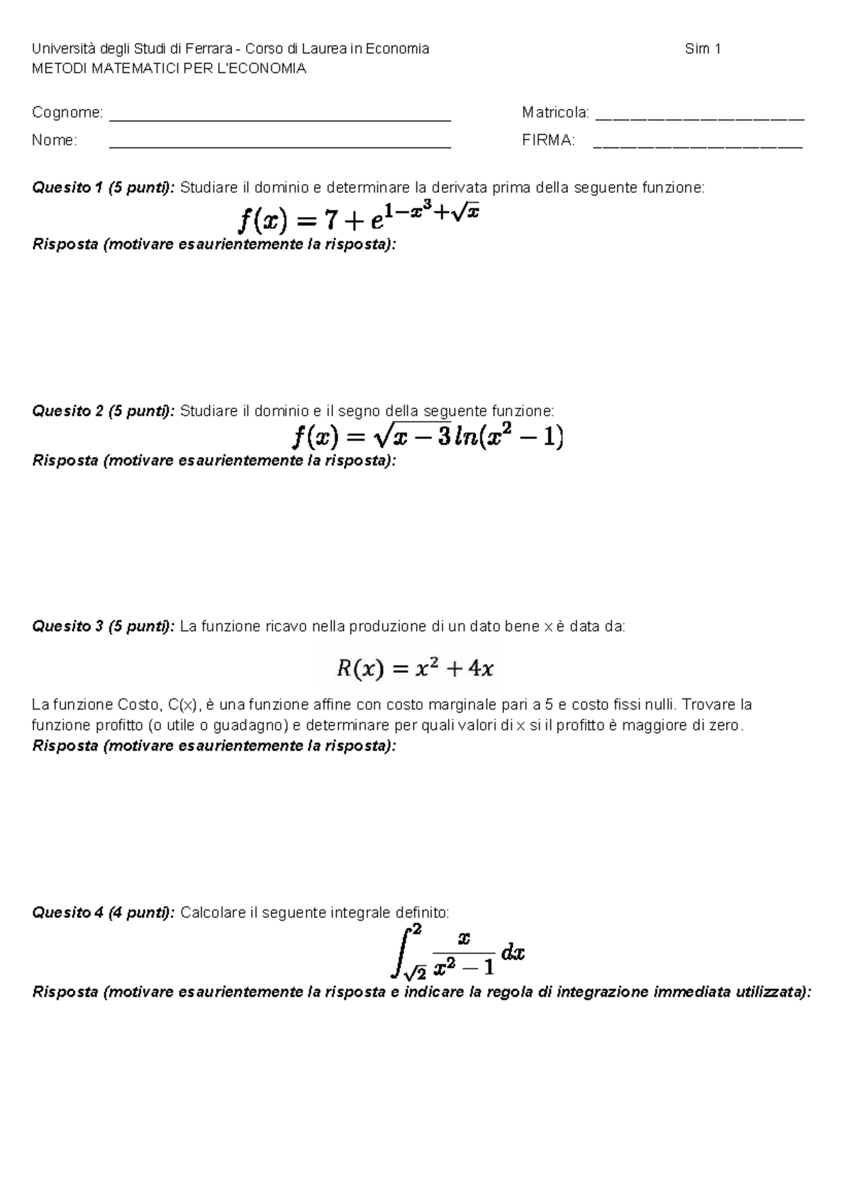 Simulazione 1 - Metodi Matematici per Economia Sim 1 - Studocu