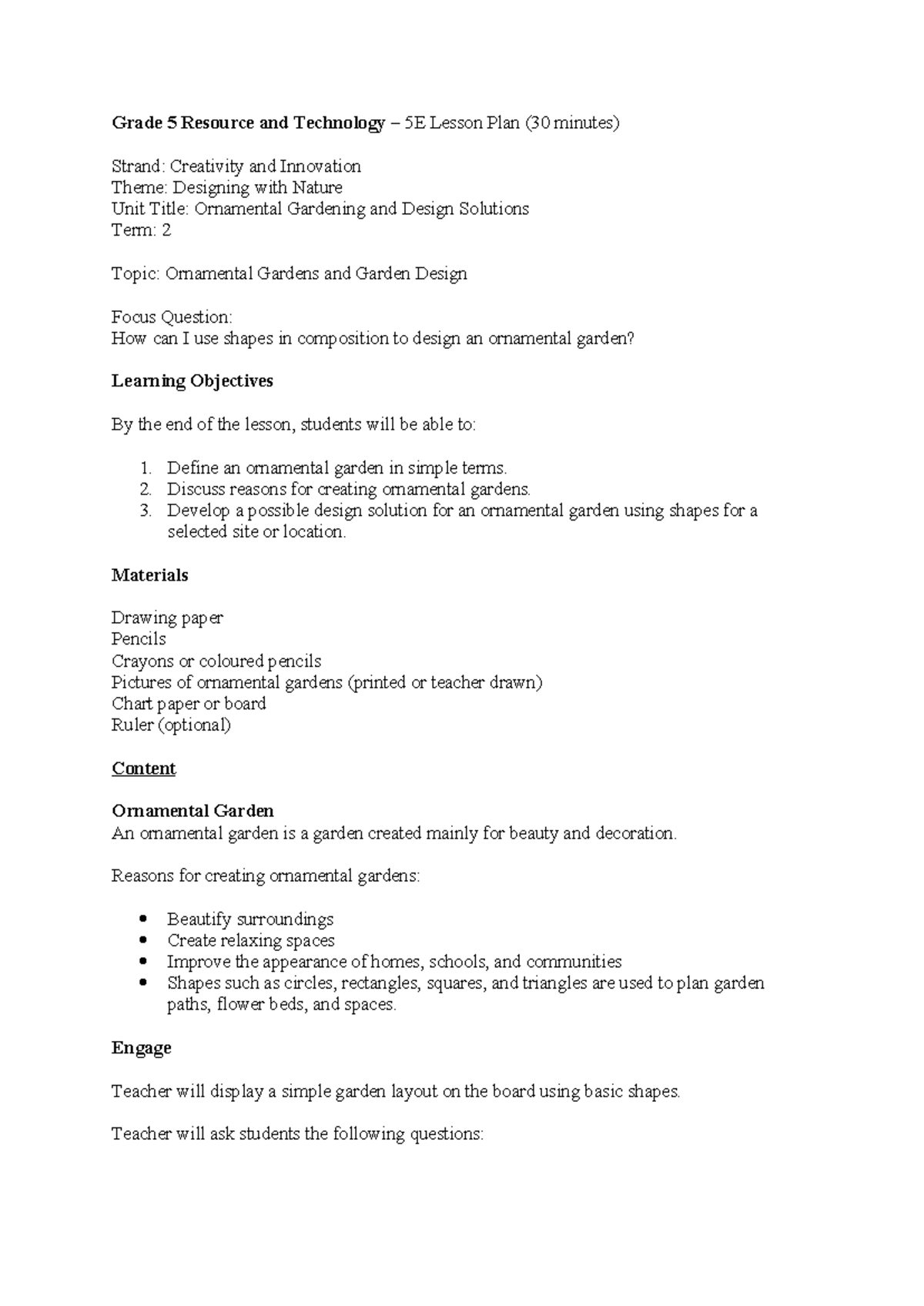 Grade 5 Resource & Tech 5E Lesson Plan: Ornamental Garden Design - Studocu