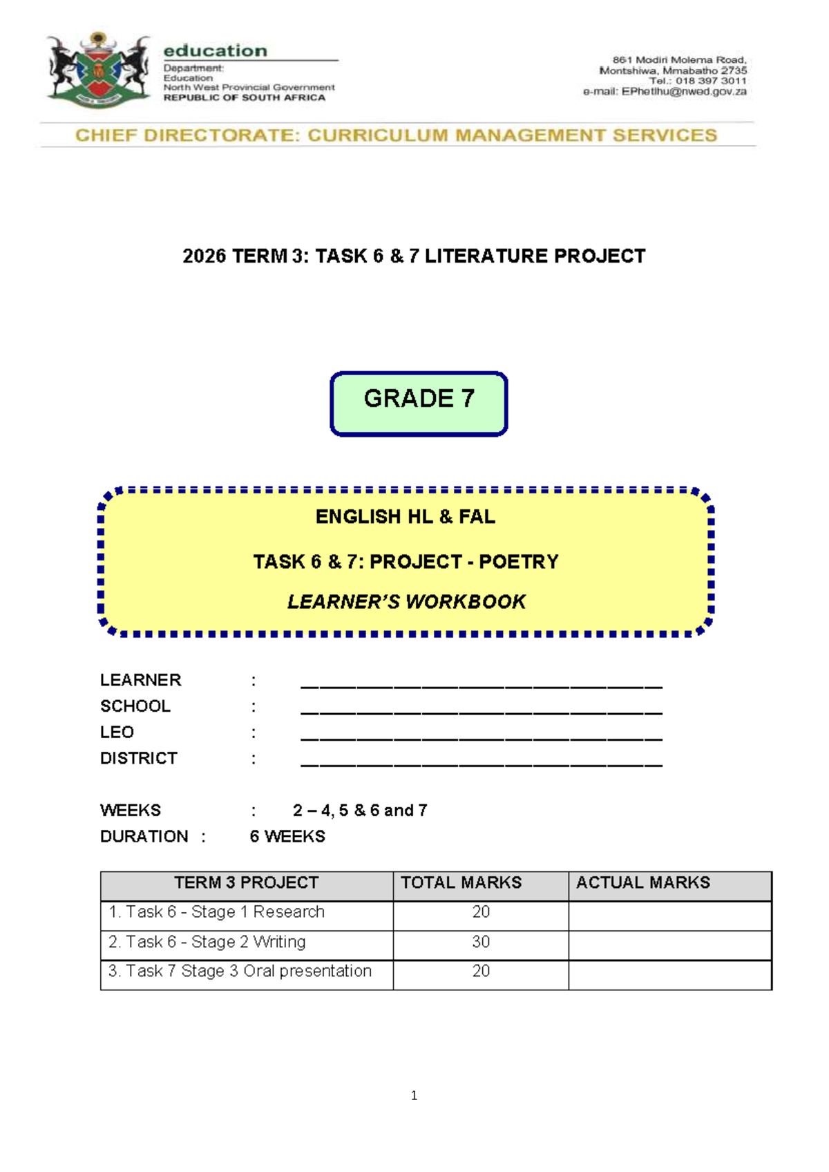 English FAL Grade 7 Literature Project Tasks 6 & 7 Term 3 2026 - Studocu