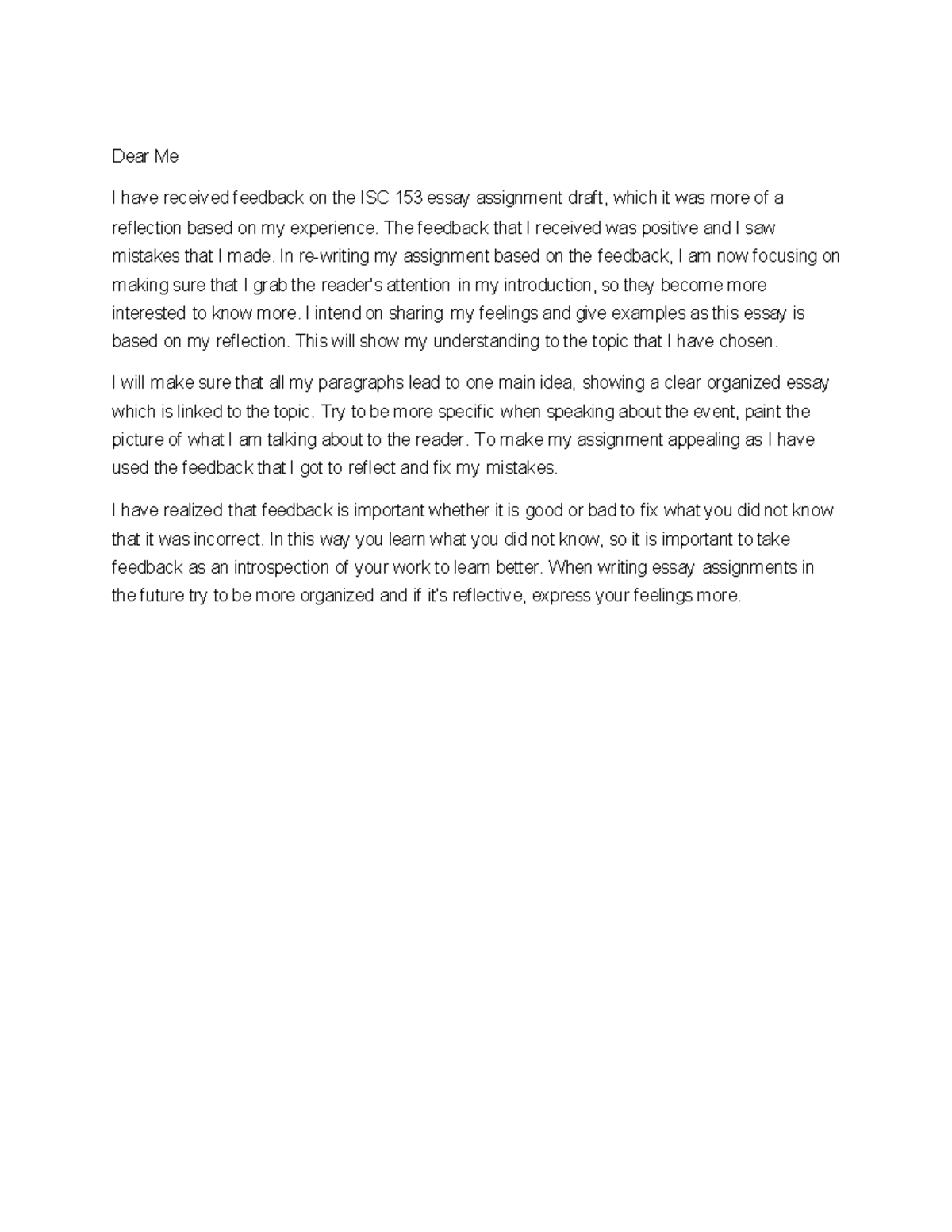 ISC 153 Essay Reflection: Feedback and Improvement Strategies - Studocu
