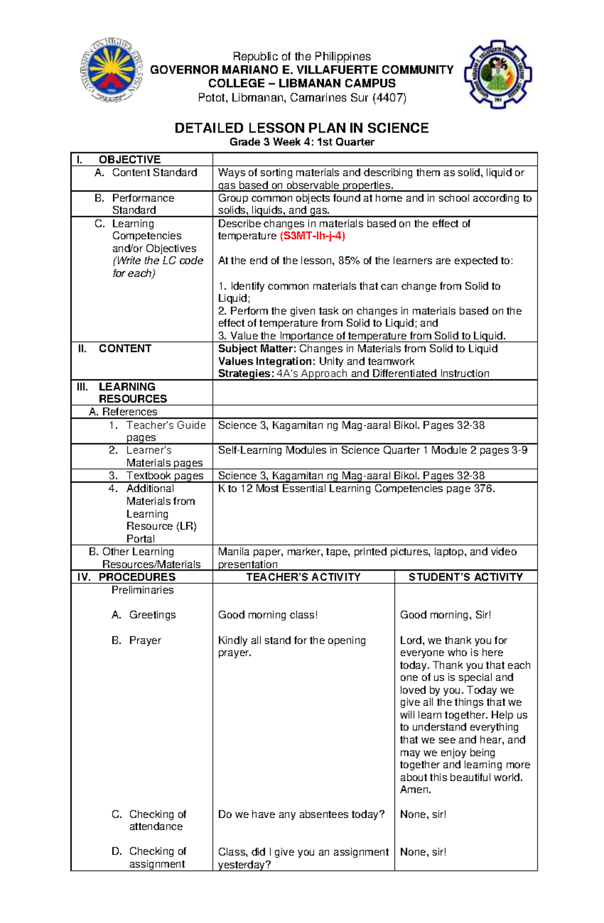 Detailed Lesson Plan in Science for Grade 3 - Week 4 (MARC JADE S.J ...