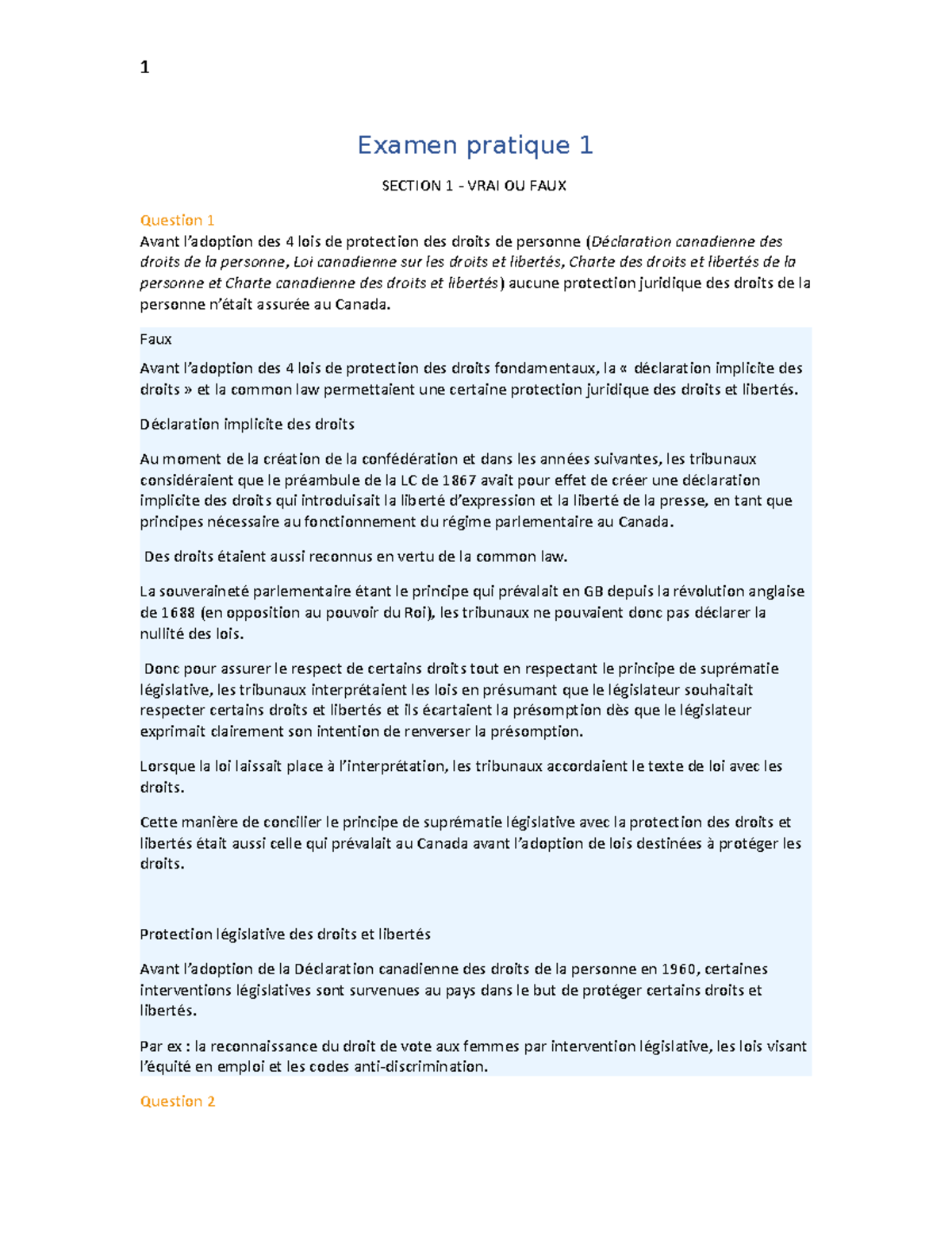 Examen Pratique de Droit - Mi-Session 2023 : Protection des Droits ...