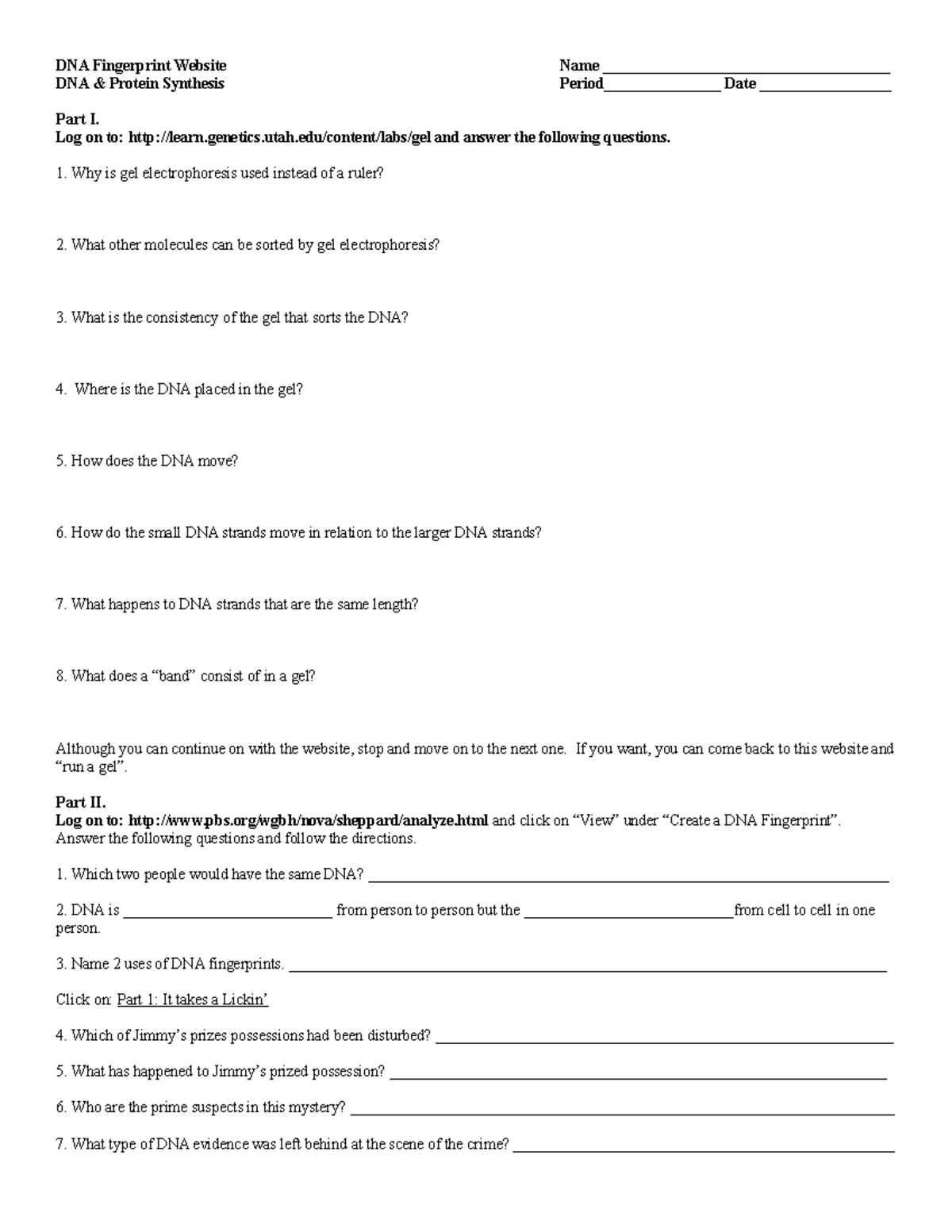 BIO 101: DNA Fingerprinting Lab Worksheet and Analysis Guide - Studocu