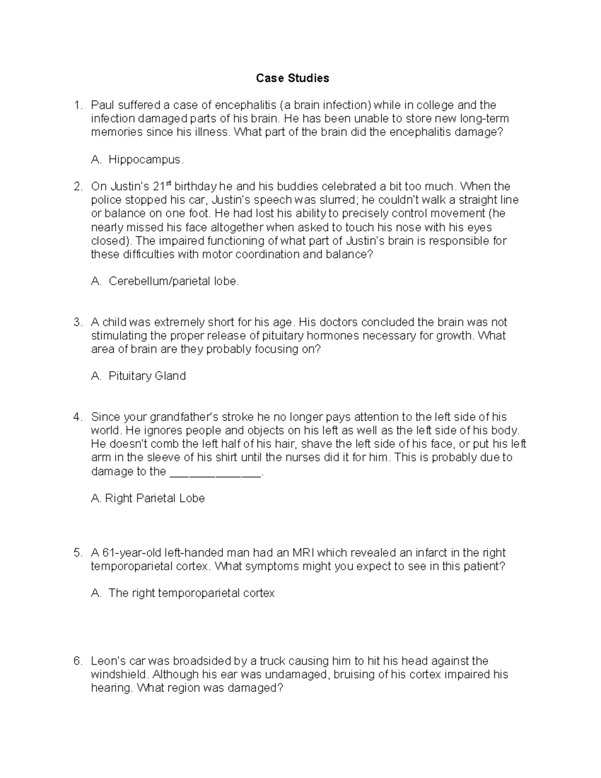 Psyc246 Case Studies - Understanding Brain Function and Injury - Studocu