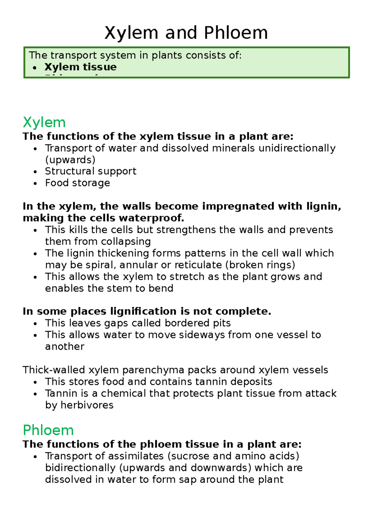 Biology - Xylem and Phloem Transport System Overview - Studocu