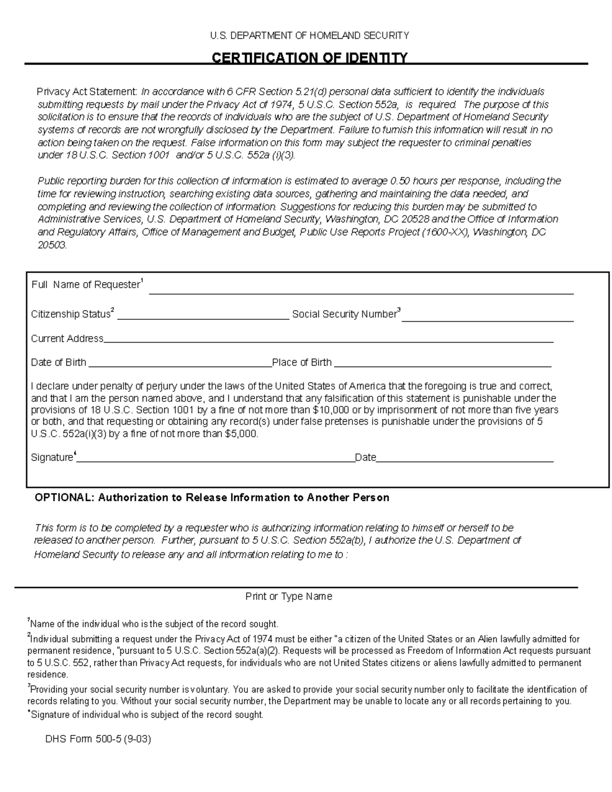 DHS Form: Certification of Identity for Privacy Act Requests - Studocu