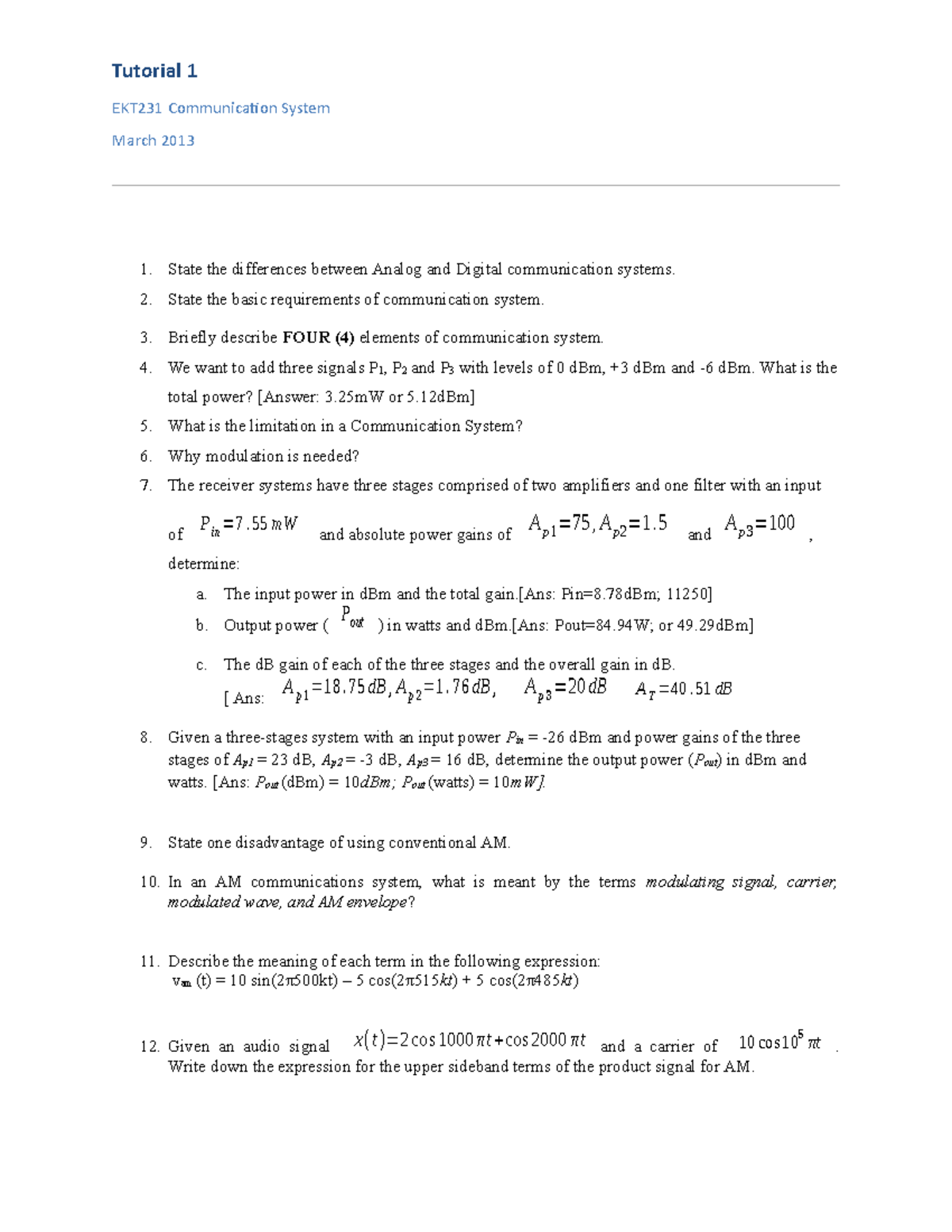 EKT231 Communication System - Tutorial 1 Notes and Solutions - Studocu