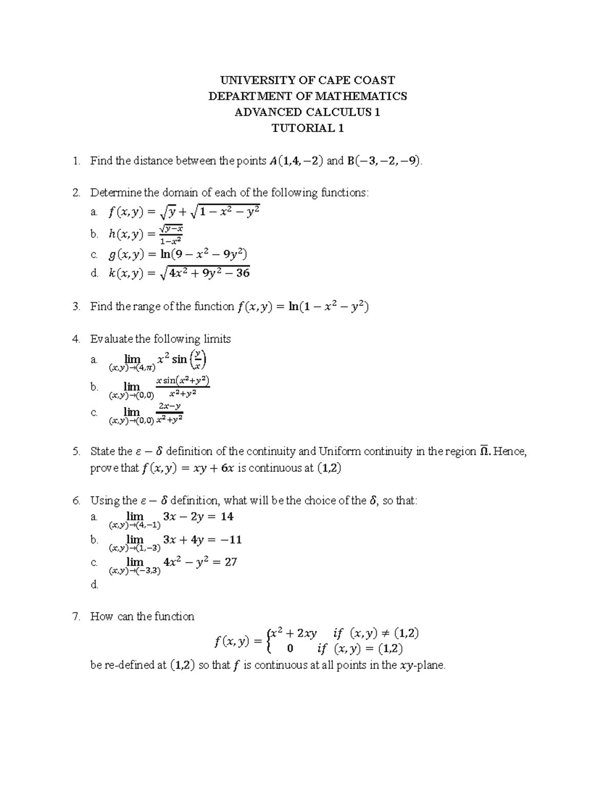 MAT 301 Advanced Calculus 1 Tutorial 1 Solutions and Exercises - Studocu