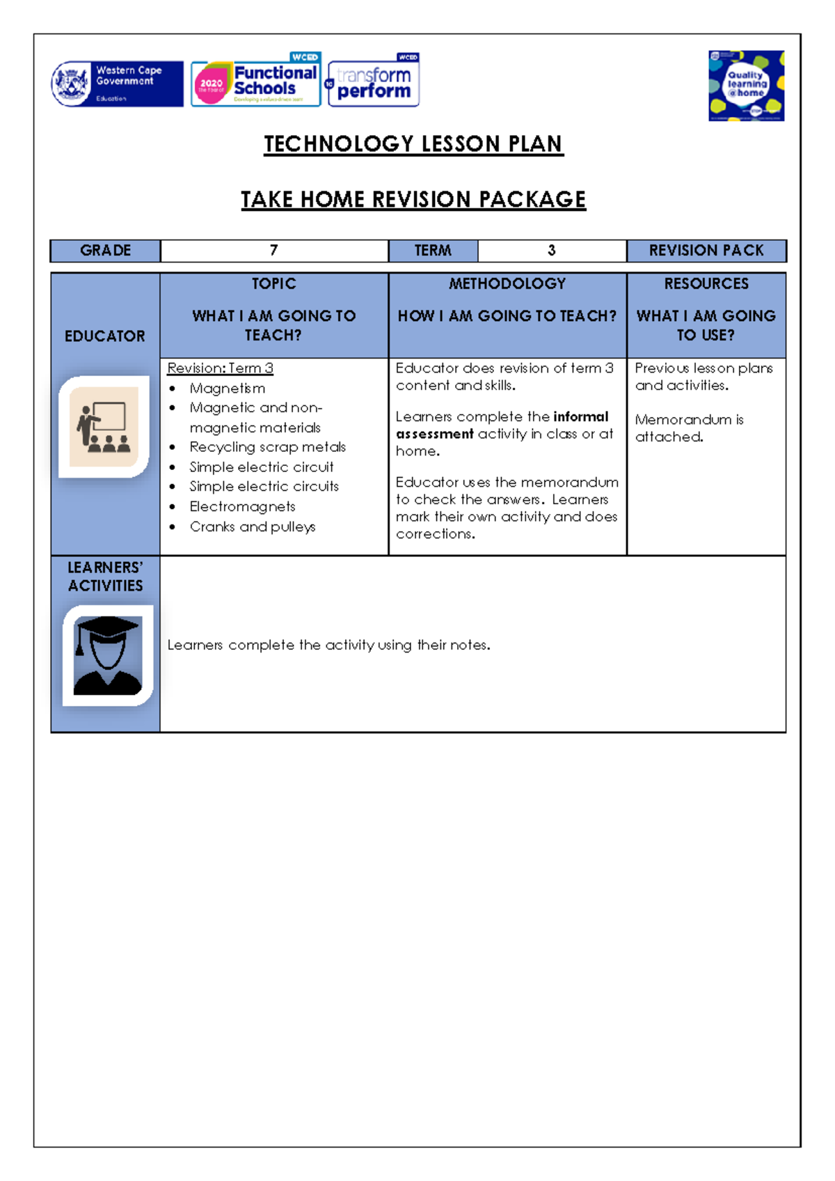 Grade 7 Technology T3 Lesson Plan & Take Home Revision Package - Studocu