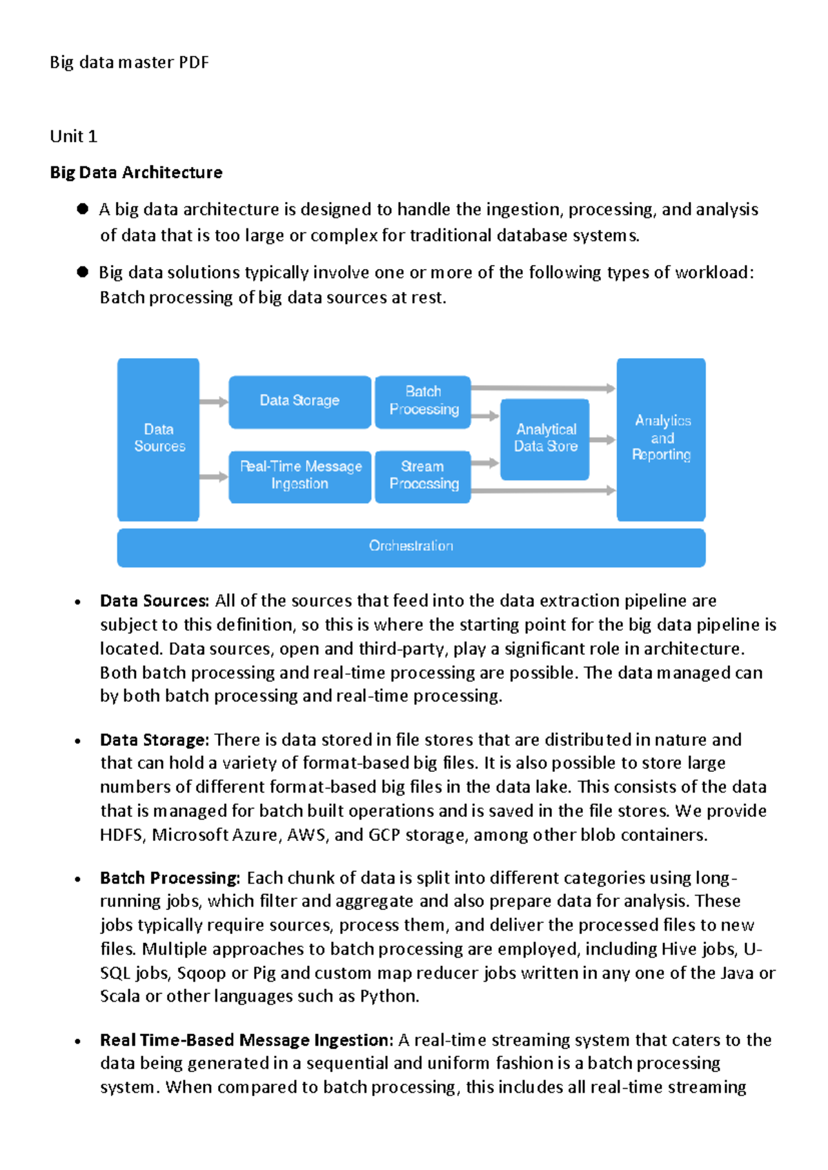 Big data master PDF - Big data master PDF Unit 1 Big Data Architecture ⚫ A big data architecture ...