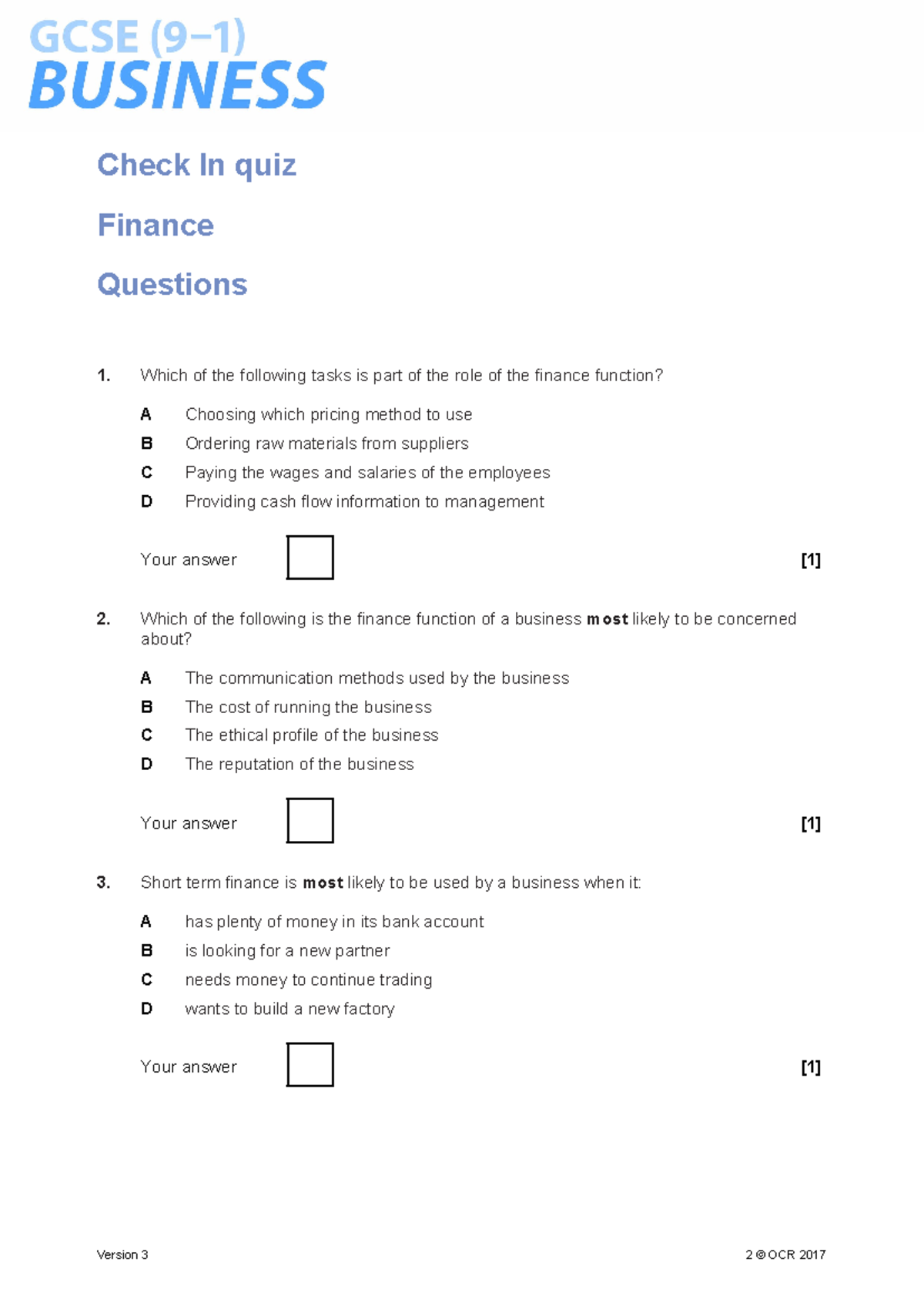 Finance Check-In Quiz: Key Questions & Answers (400555) - Studocu