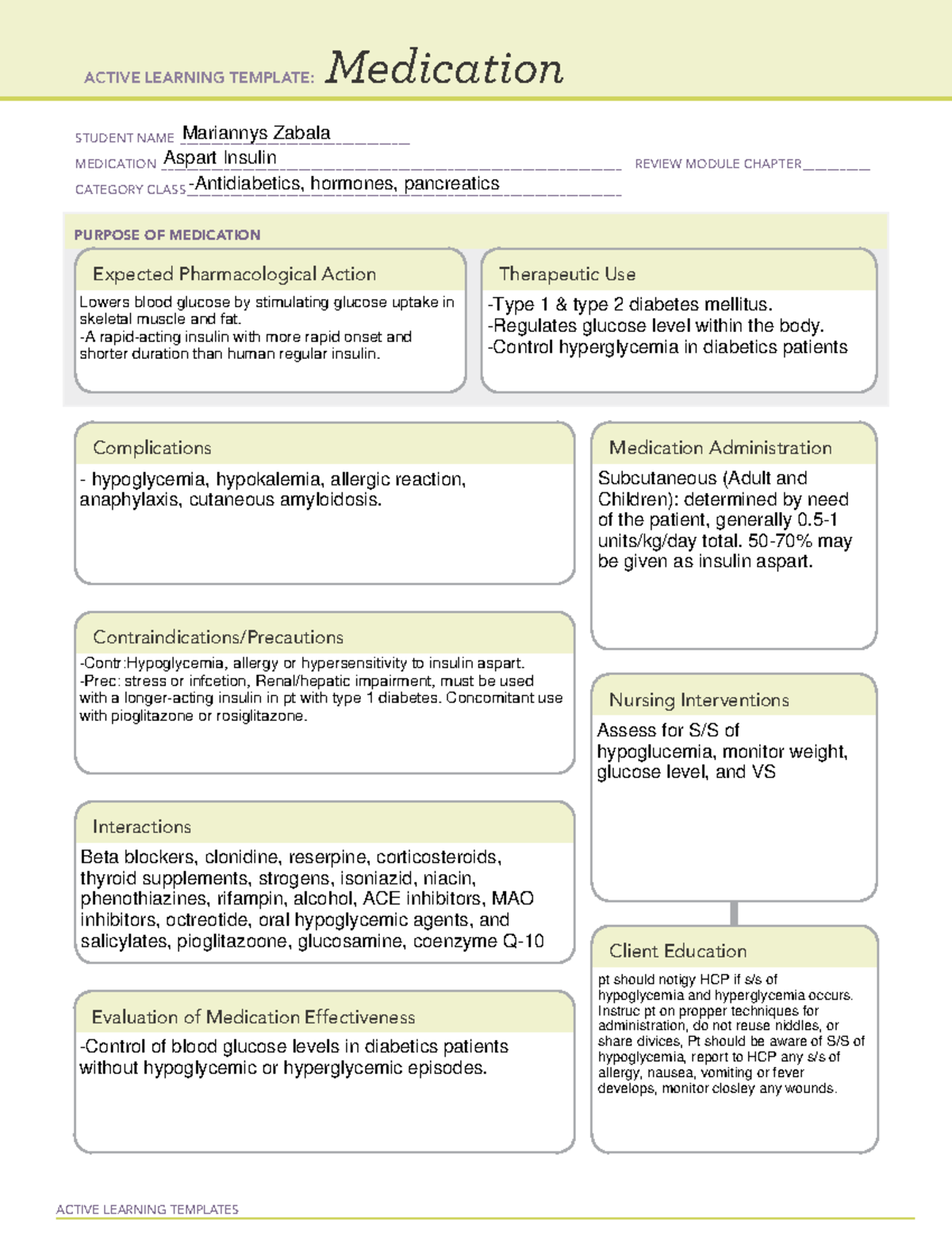 ATIMedication Template: Aspart Insulin Overview & Active Learning - Studocu