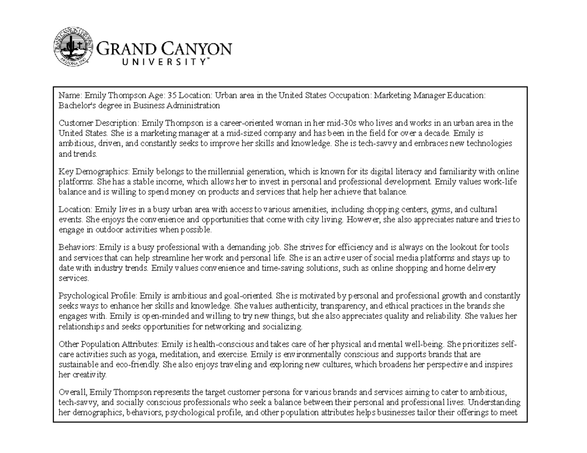 ENT 436 Target Market Worksheet: Analyzing Customer Persona of Emily ...