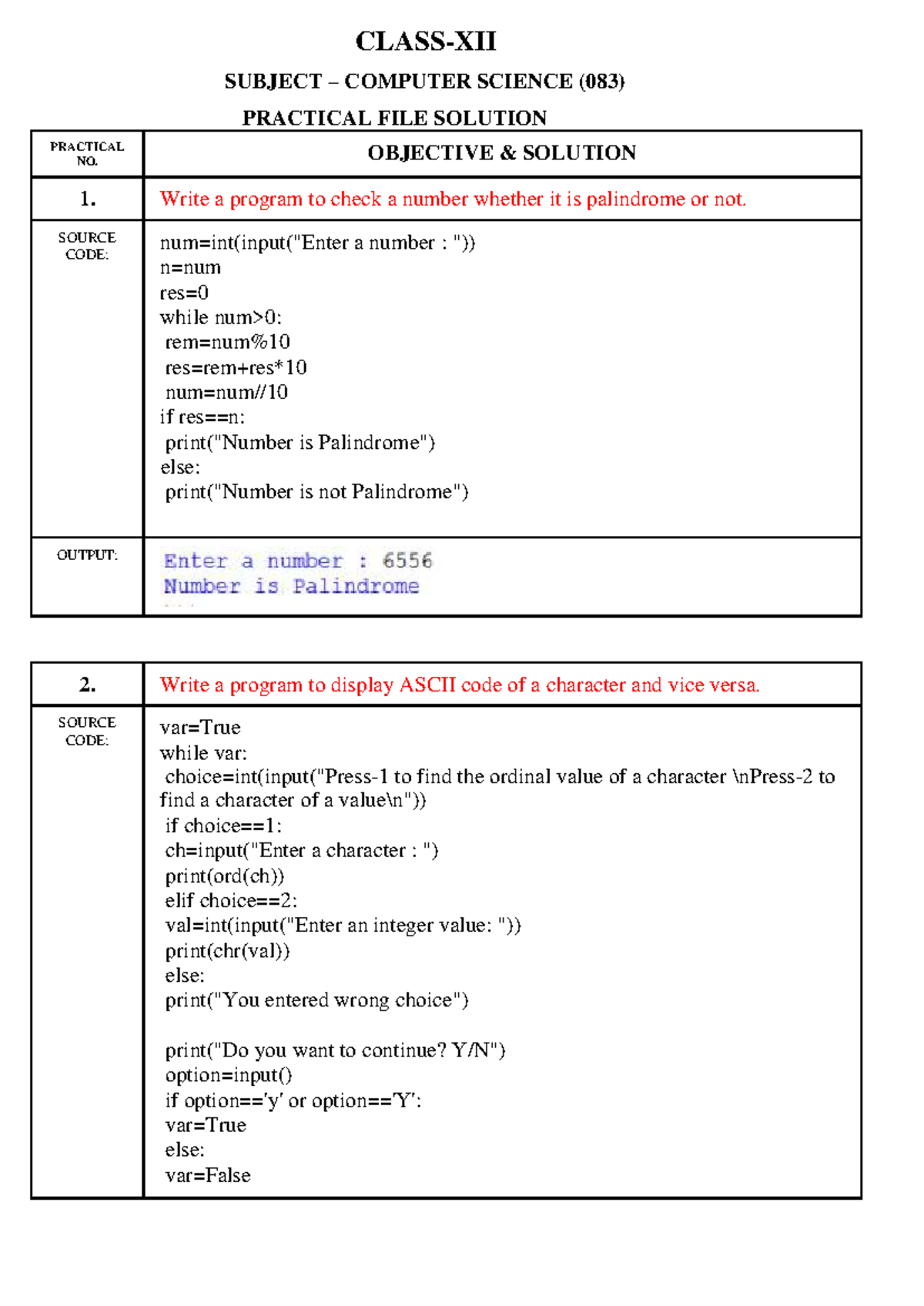 CS (083) Practical File Solutions: Palindrome, ASCII, and More - Studocu
