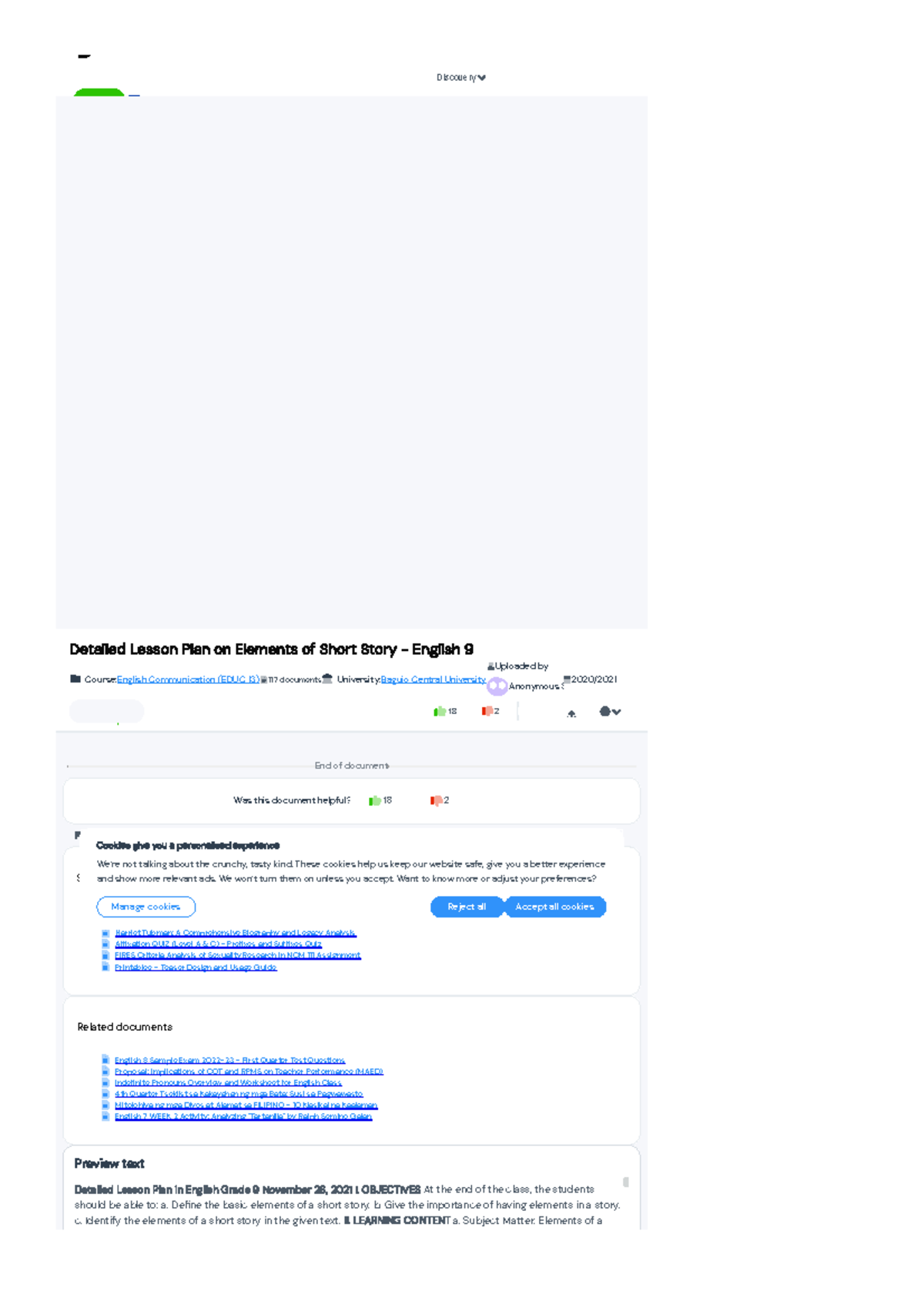 Detailed Lesson Plan on Elements of Short Story for English 9 (EDUC 13 ...