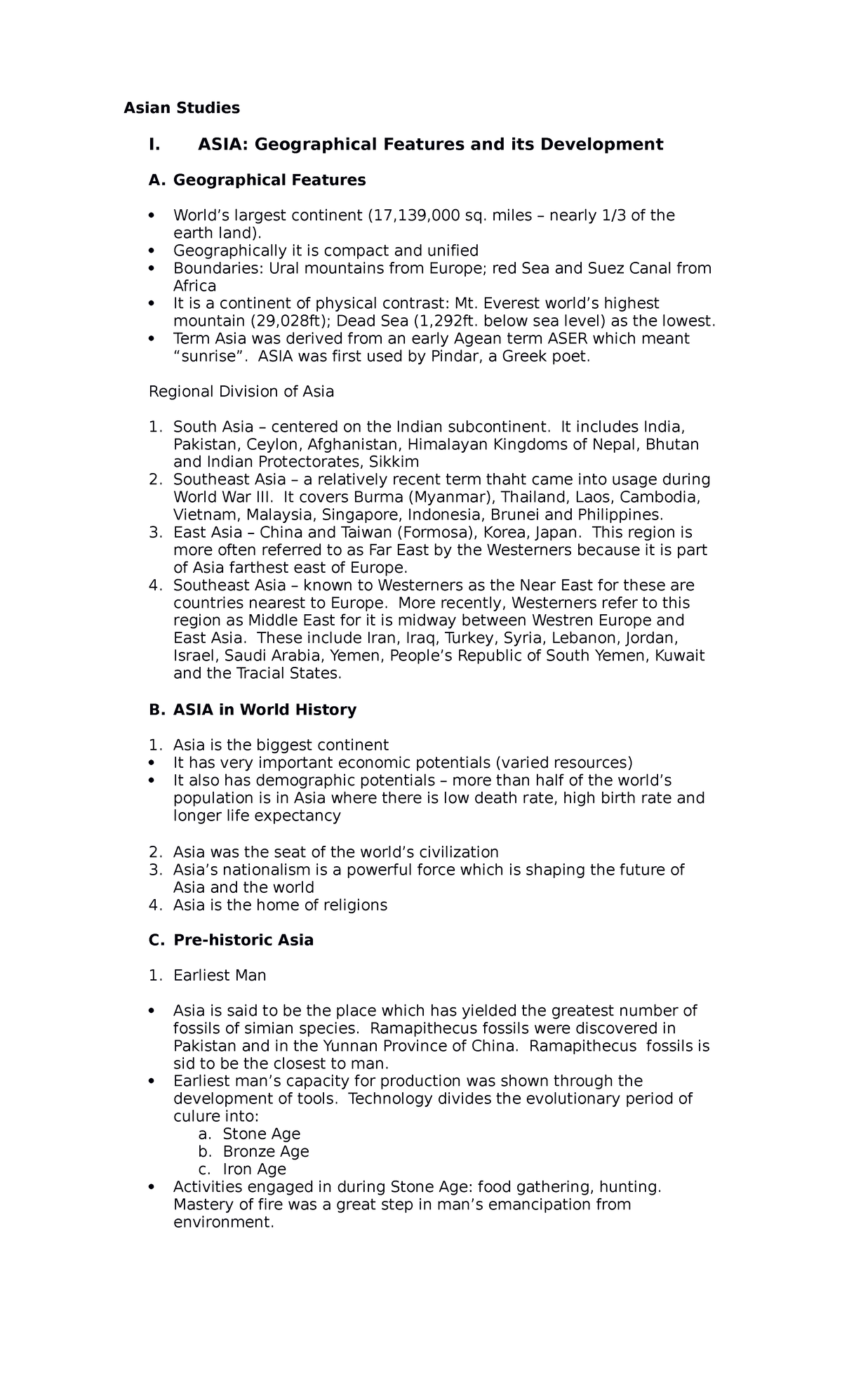 Asian World History - Asian Studies I. ASIA: Geographical Features and ...