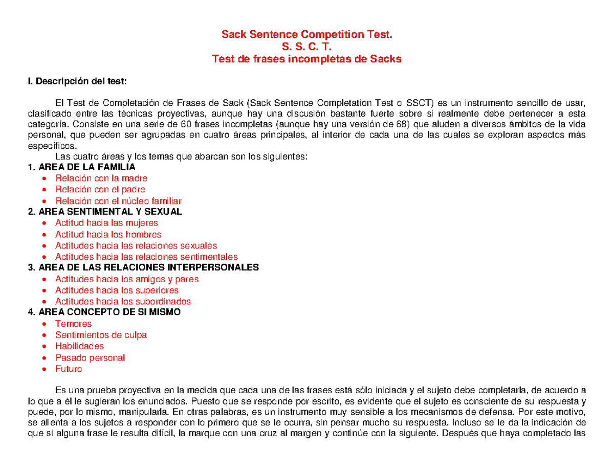 Sack Sentence Completion Test (SSCT): Manual y Protocolo de Evaluación ...