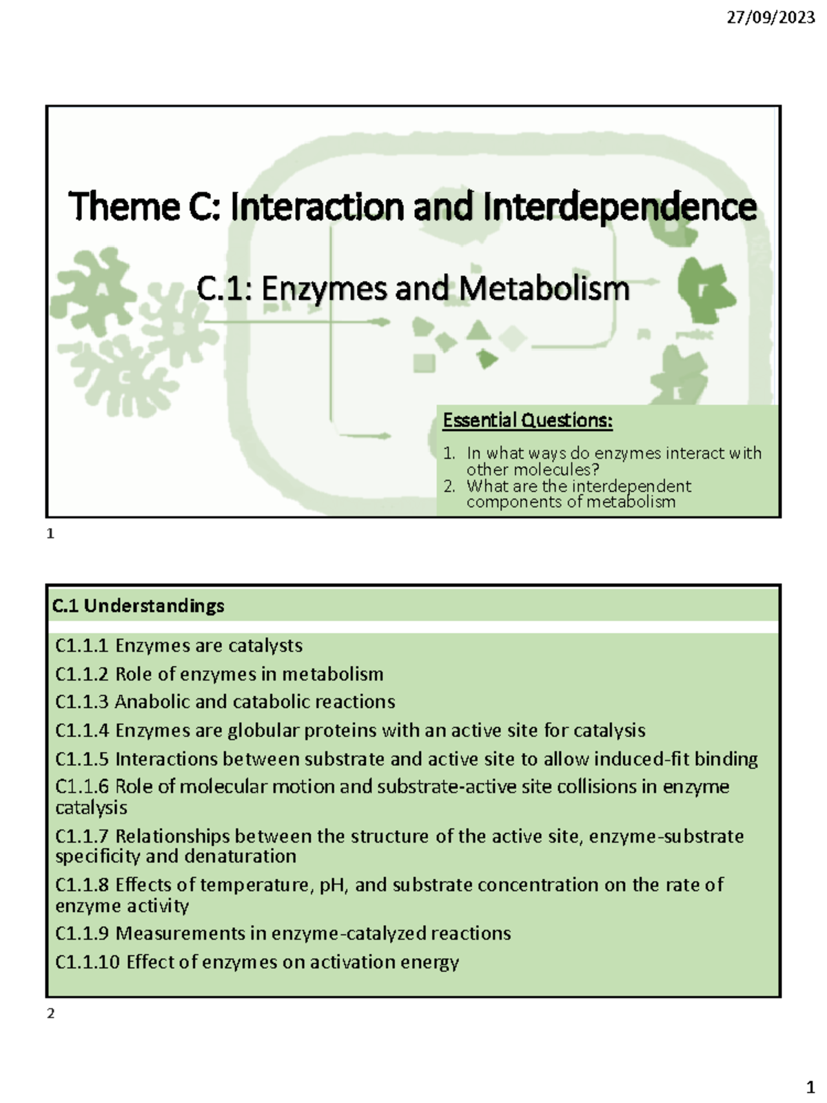 C1.1 Enzymes and Metabolism: Key Concepts and Understandings - Studocu