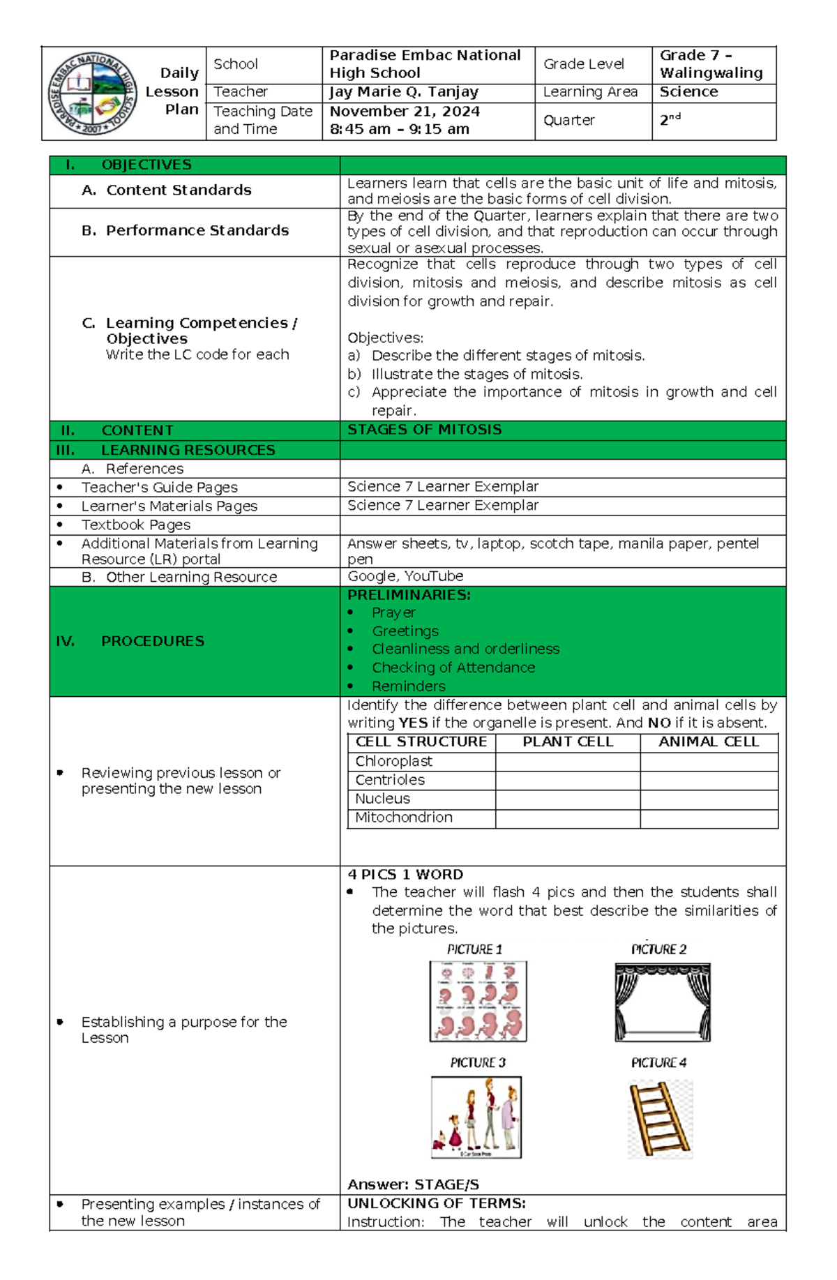 SCIENCE 7 - Mitosis & Meiosis Demo Teaching Lesson Plan - Studocu