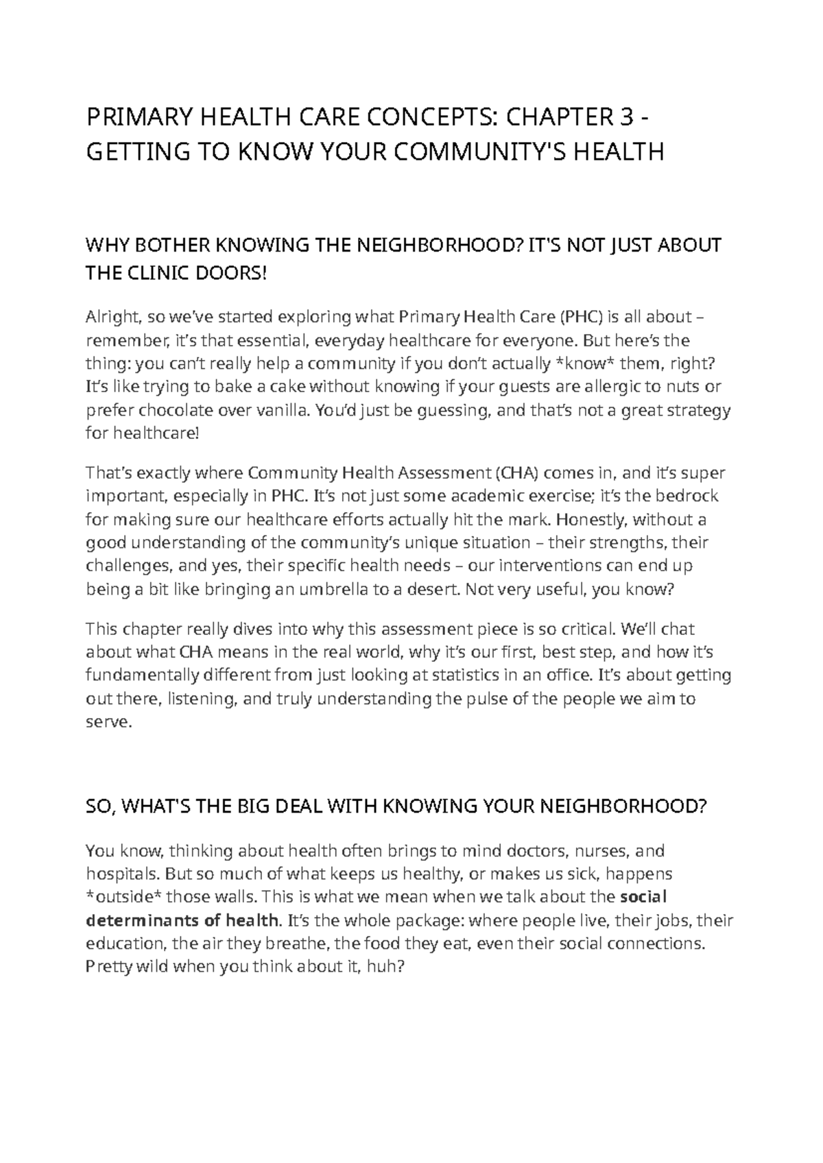 PHC Concepts: Chapter 3 - Understanding Community Health Needs - Studocu