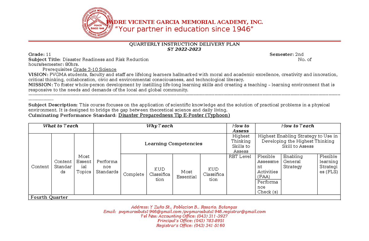 DRRR Quarterly Instruction Delivery PLAN- 1st - “Your partner in ...
