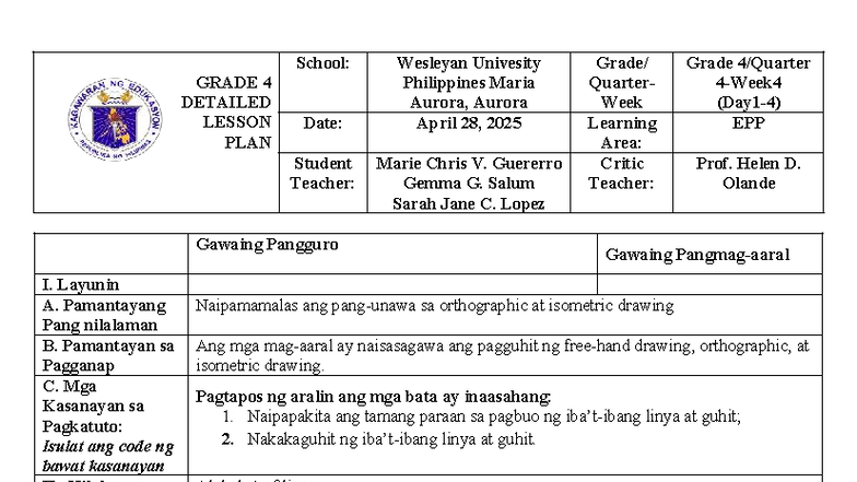TLE-TTT 2 - Detailed Lesson Plan on Alphabet of Lines for Grade 4 - Studocu