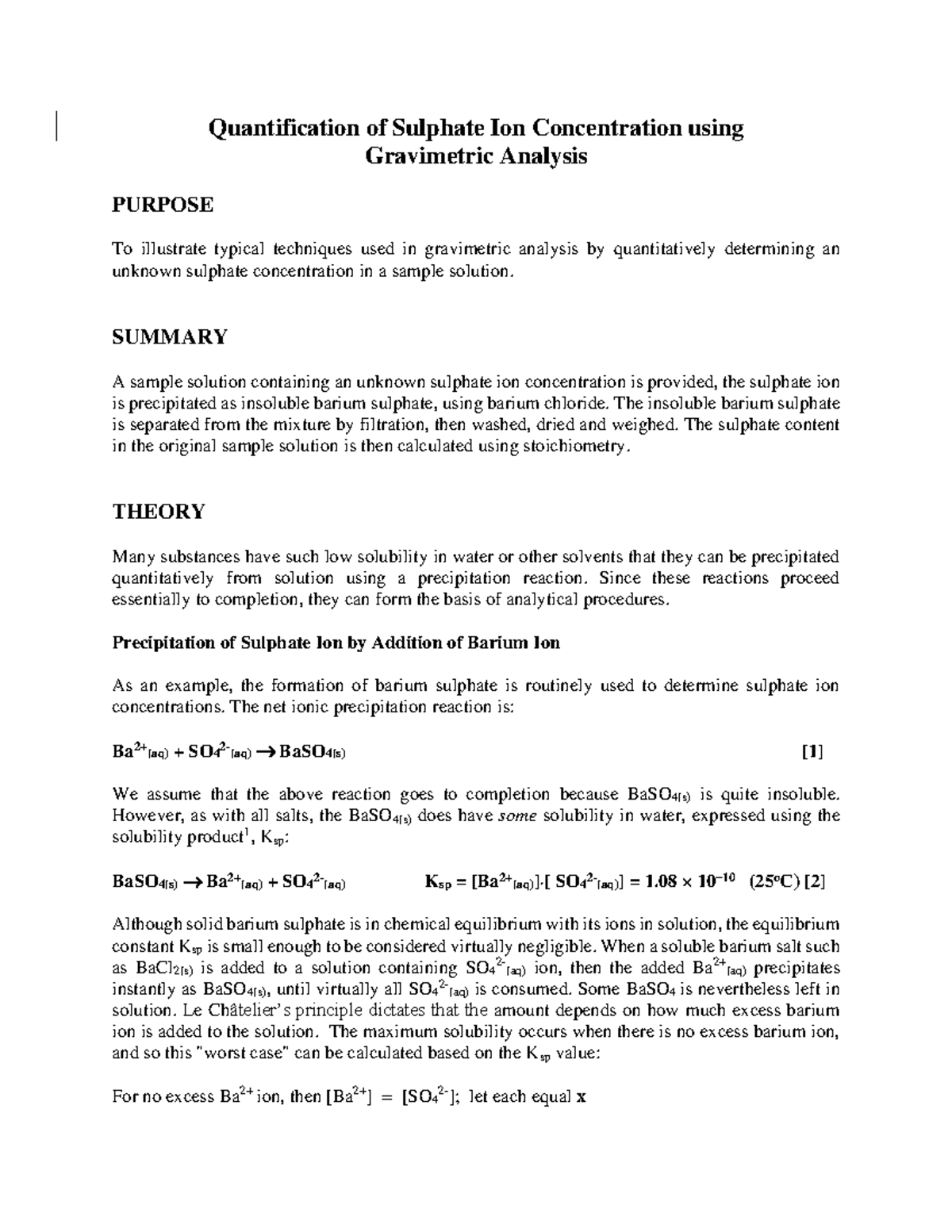 202530 CHEM 1001 G Lab Manual: Gravimetric Analysis of Sulphate Ions ...