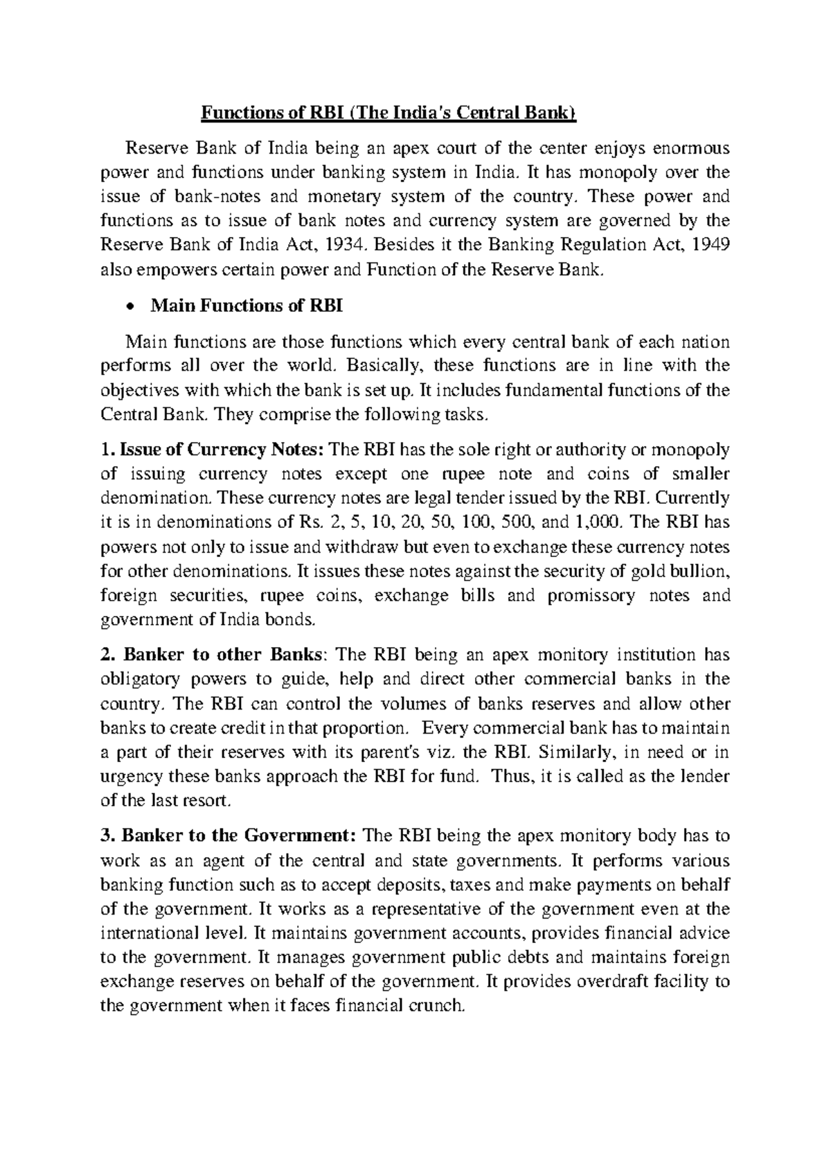 Functions of RBI - Notes - Functions of RBI (The India's Central Bank ...