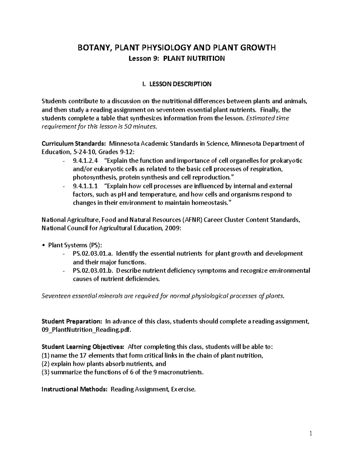 09 Plant Nutrition Lesson Plan - BOTANY, PLANT PHYSIOLOGY AND PLANT ...